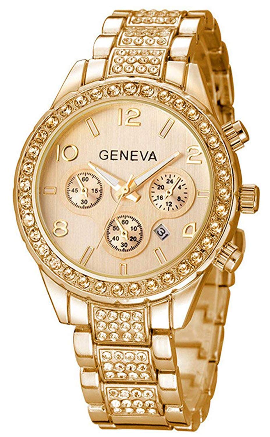 Luxury Unisex Crystal Diamond Watches Quartz Digital Calendar Rose Gold Silver Stainless Steel Watch (Gold)