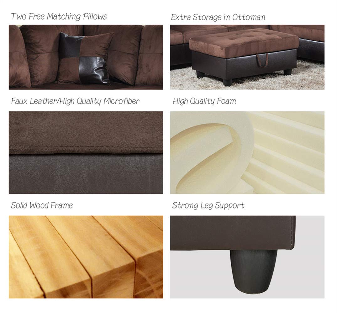 A Ainehome 3 PCS Sectional Sofa Set, L-Shaped Sectional Couch 103" W for Living Room, with Storage Ottoman and Matching Pillows (Left Hand Facing, Chocolate)