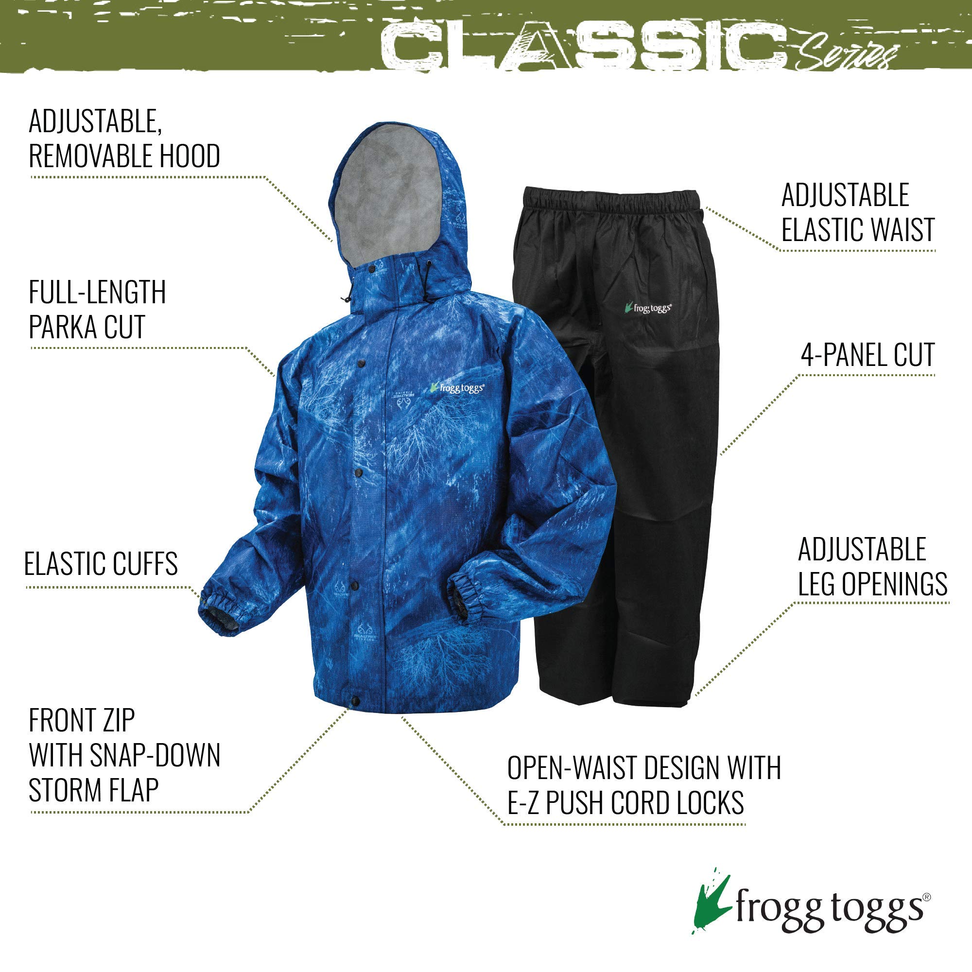 FROGG TOGGS Men's Standard Classic All-Sport Waterproof Breathable Rain Suit, Realtree Fishing Dark Blue, Large