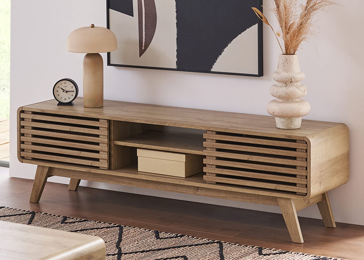 mopio Ensley TV Stand, Mid-Century Modern Television Stand for 55/60/65 inch TV, Farmhouse Entertainment Center with Storage, Media Console Credenza Table for Living Room, Bedroom (Oak, 59")