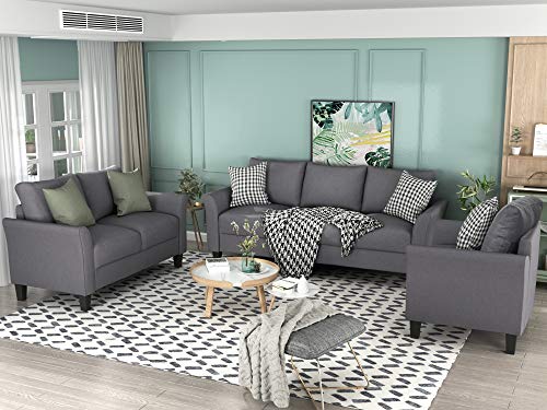 FANYE 3 Piece Living Room Sofa Sets Including 3-Seater Sofá, Loveseat & Sofachair, Modern Polyester Blend Tufted Upholstered Sectional Couch for Home Aprtment Office Studio Furniture(No Pillows)