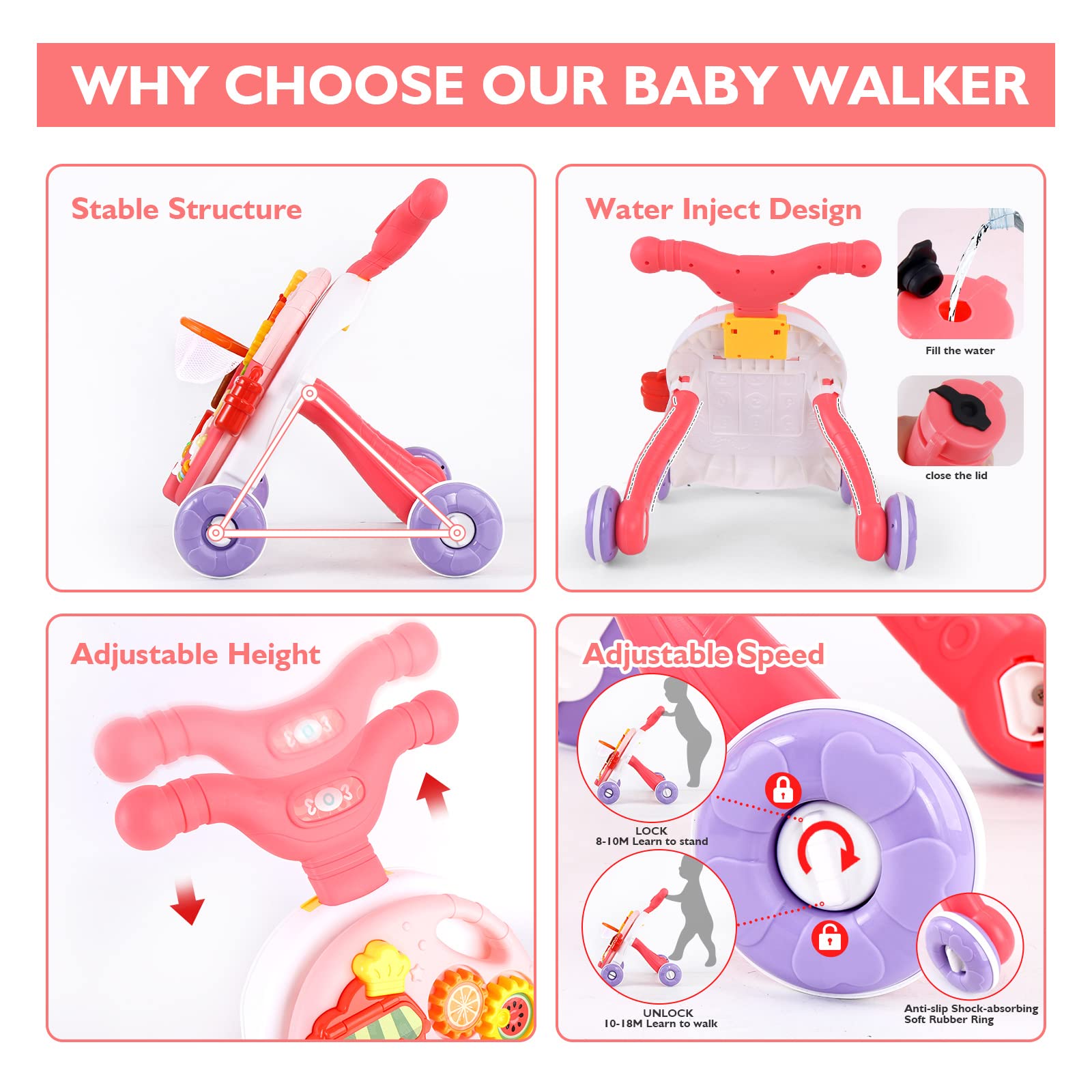 Eners Sit to Stand Baby Learning Walker with Wheels, Baby Activity Walker, 2 in 1 Baby Push Walkers and Activity Center, Walker for Baby Boy Girl (Pink)