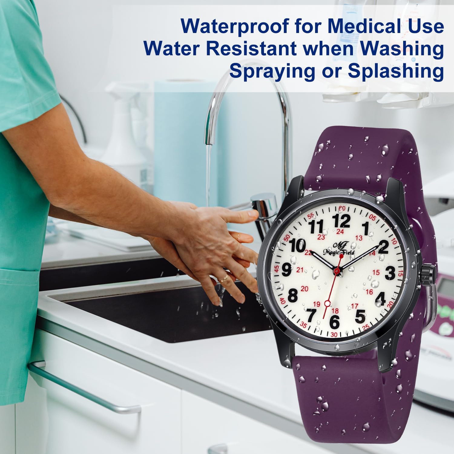 SUDESMO Women's Nurse Watch - Waterproof, Easy to Read with Second Hand, Silicone Band, Luminous - Black, Purple