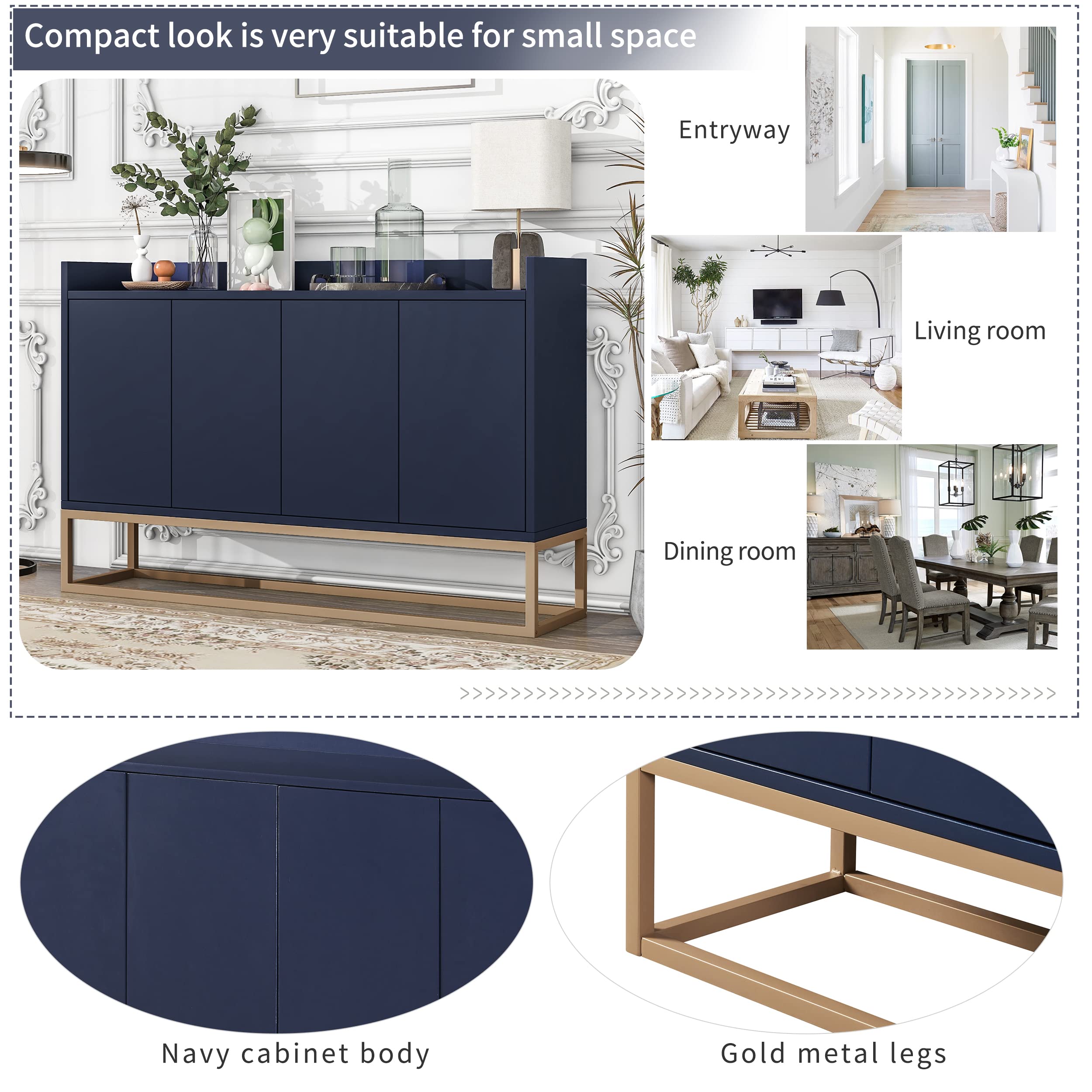 Merax 4-Door Sideboard Buffet Cabinet, Modern Kitchen Buffet Sideboard with Large Storage Space for Living Room, Dining Room, Entryway, Navy