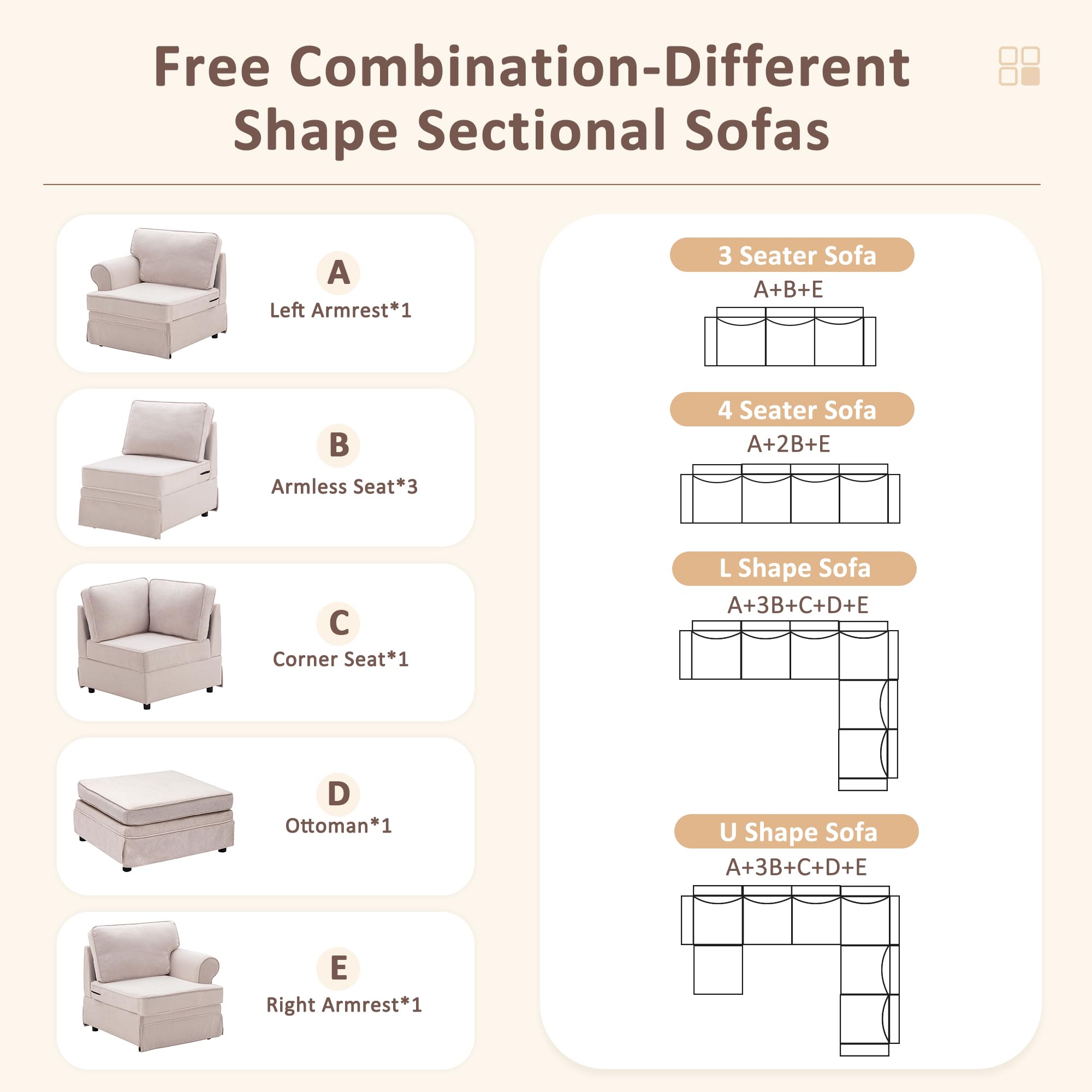 Merax 109.4" Fabric Large Upholstered U-Shape Sectional Sofa Sets, Modular Customizable, Couch with Removable Ottoman for Living Room, 108.6 inch Length, Beige