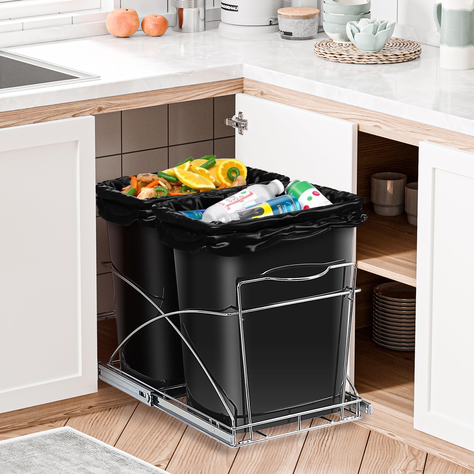Epetlover 35 Quart Sliding Pull Out Trash Can Double Waste Container Recycling Bins Under Cabinet for Kitchen, Black