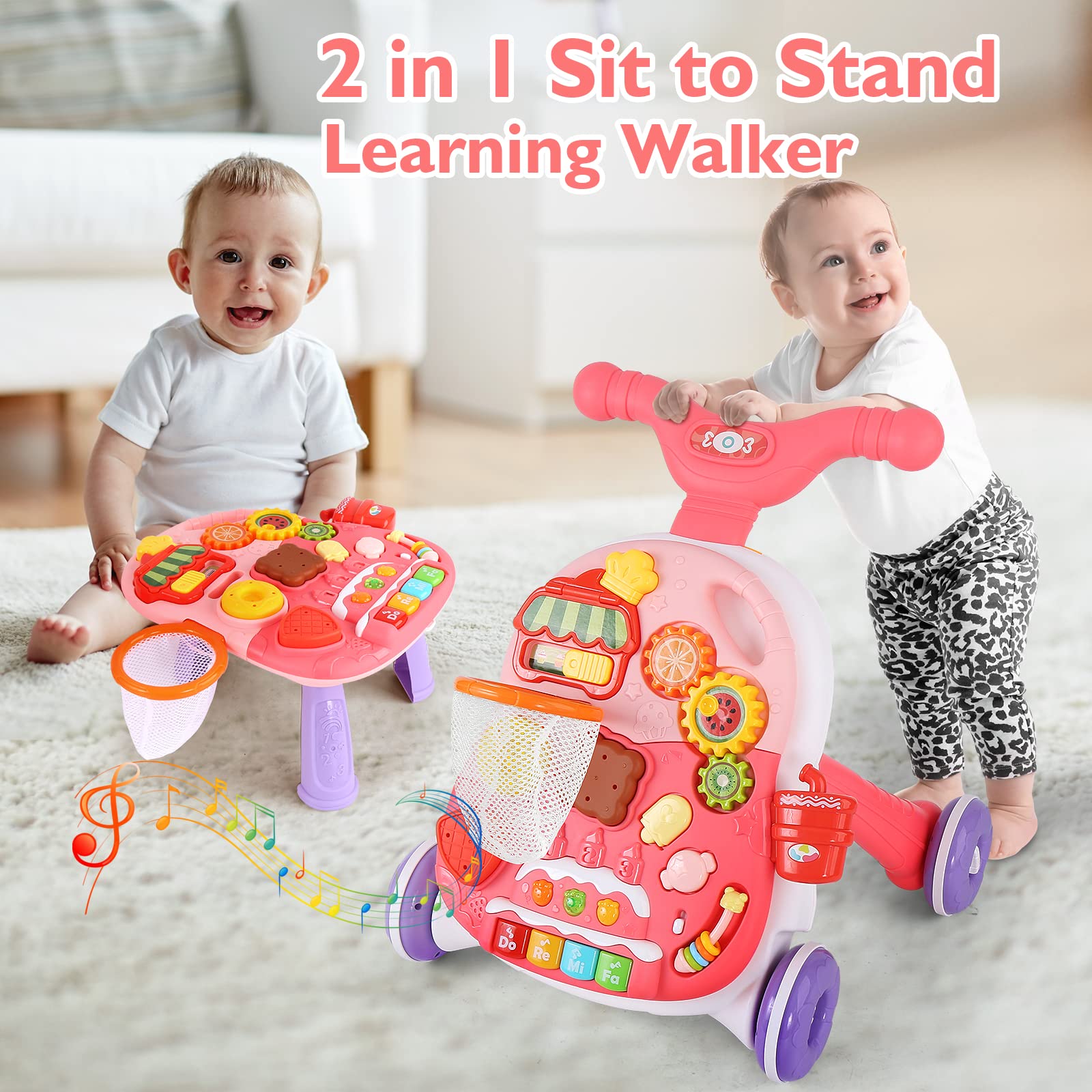 Eners Sit to Stand Baby Learning Walker with Wheels, Baby Activity Walker, 2 in 1 Baby Push Walkers and Activity Center, Walker for Baby Boy Girl (Pink)