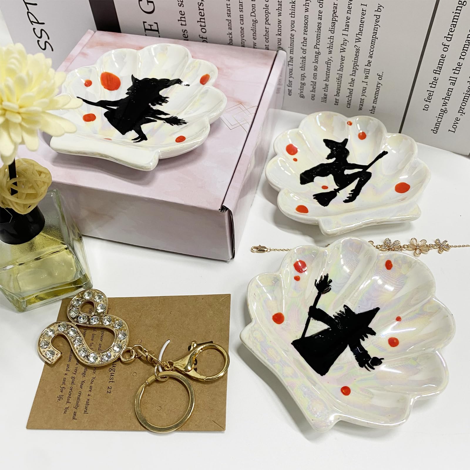 TIGERMILLION Halloween Witch Party Ceramic Jewelry Dish 3pcs, Halloween Witch Theme Decorative Tableware Halloween Holiday Dinner Birthday Party Supplies