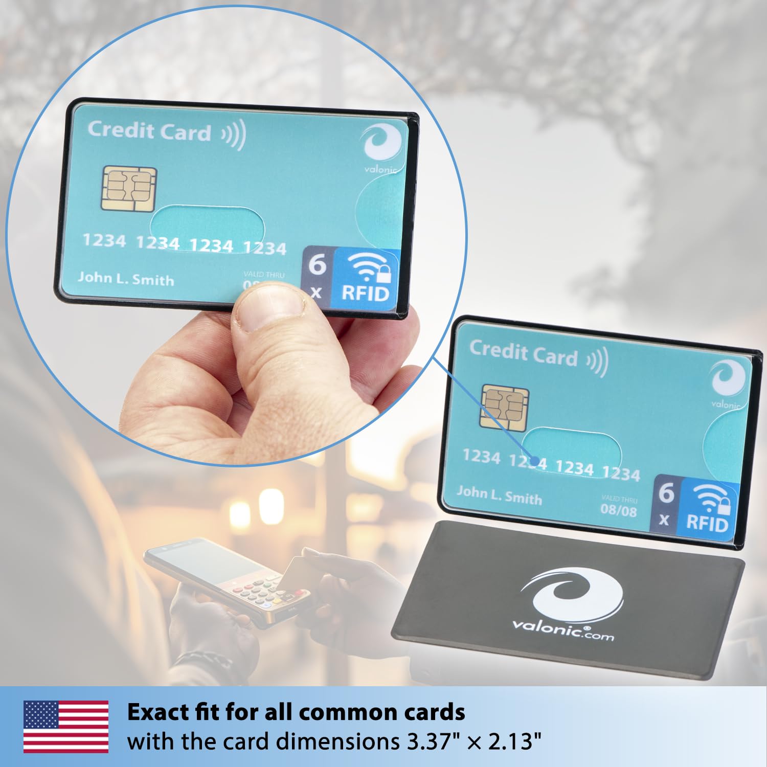 valonic Set of 6 RFID Blocking Sleeves - Transparent Front, Credit Card Protector Sleeve for Wallet - Protection Block for Debit Card, Passport and Metro Card