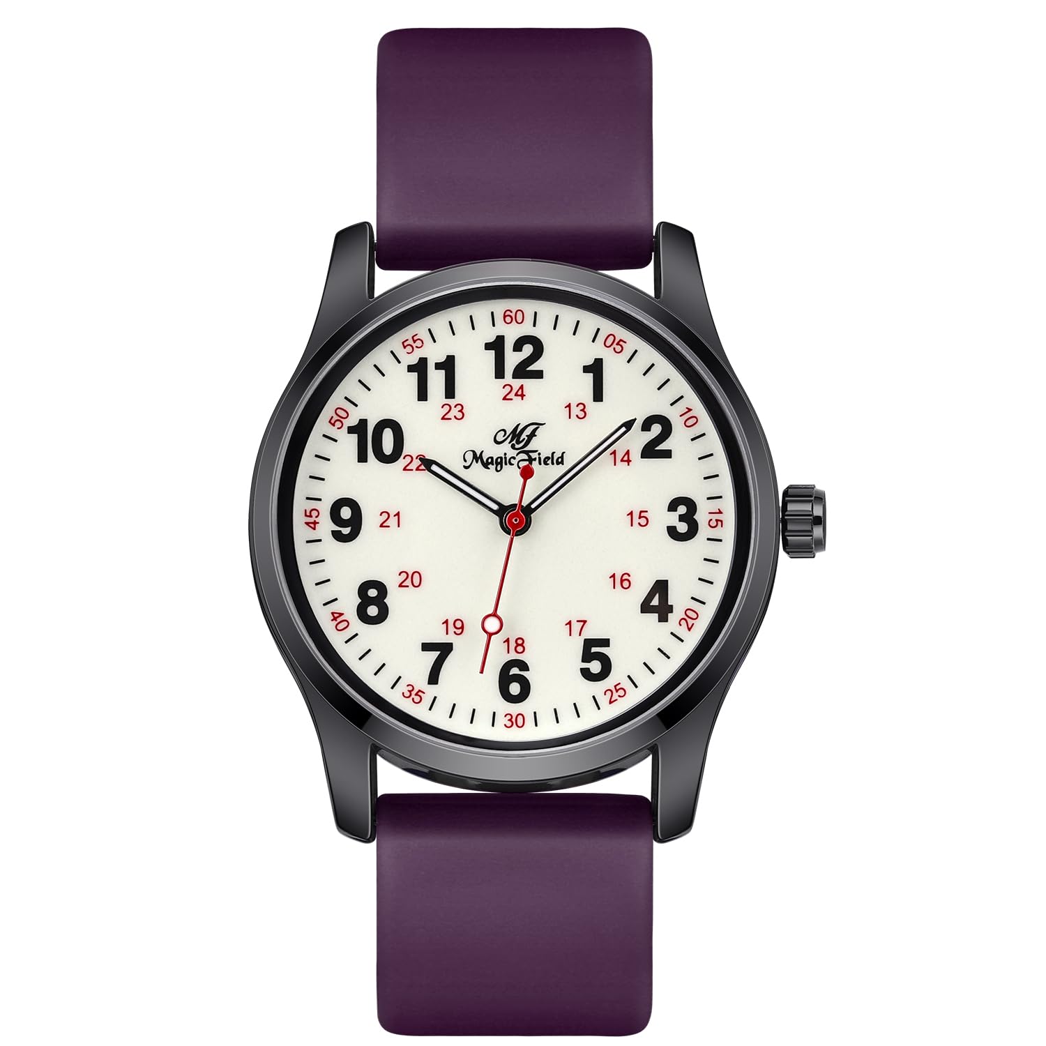 SUDESMO Women's Nurse Watch - Waterproof, Easy to Read with Second Hand, Silicone Band, Luminous - Black, Purple