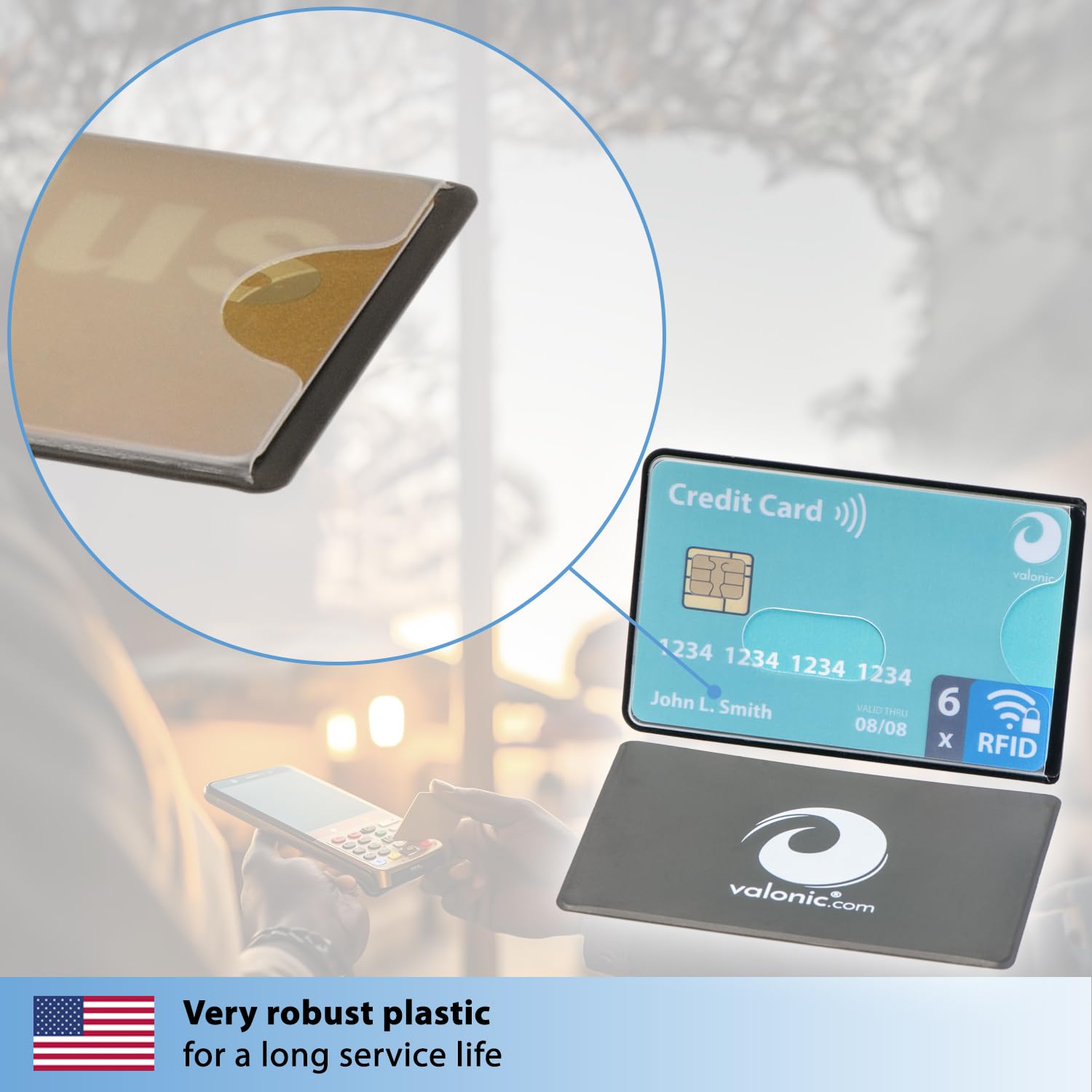 valonic Set of 6 RFID Blocking Sleeves - Transparent Front, Credit Card Protector Sleeve for Wallet - Protection Block for Debit Card, Passport and Metro Card
