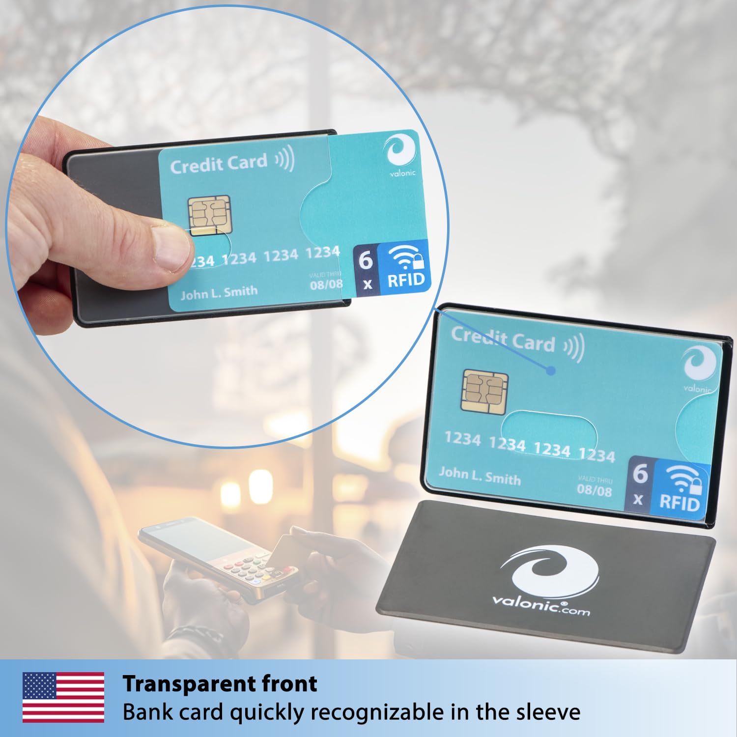 valonic Set of 6 RFID Blocking Sleeves - Transparent Front, Credit Card Protector Sleeve for Wallet - Protection Block for Debit Card, Passport and Metro Card