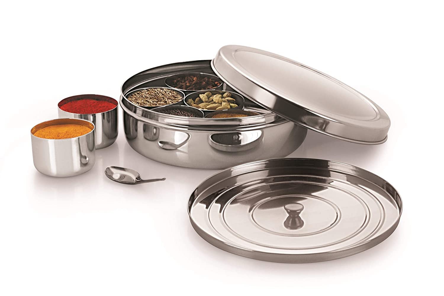 Spice Container - Masala Dabba - 7 Compartments, masala box,steel masala dabba,Spice container box,stainless steel spice box indian masala dabba with 7 spice containers with size 8 X 8 inches