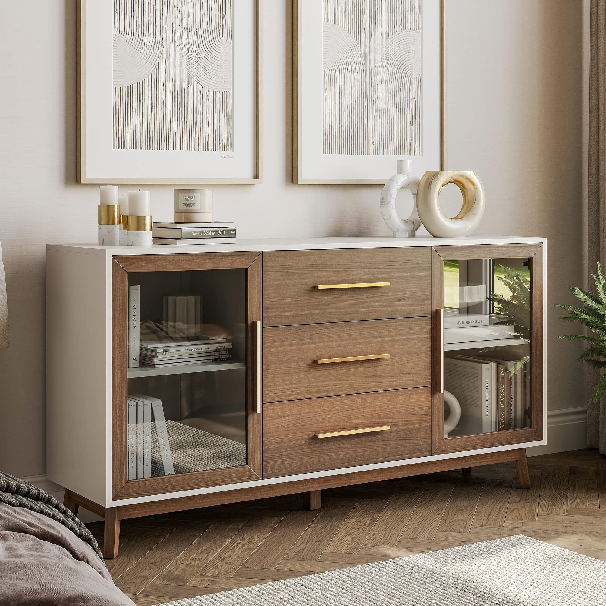 BELLEZE Sideboard Buffet Cabinet with 3 Drawers & 2 Doors, Console Table for Kitchen Glass Storage Cabinet Coffee Bar Accent Cabinet for Living Room Dining Room Hallway, Brown