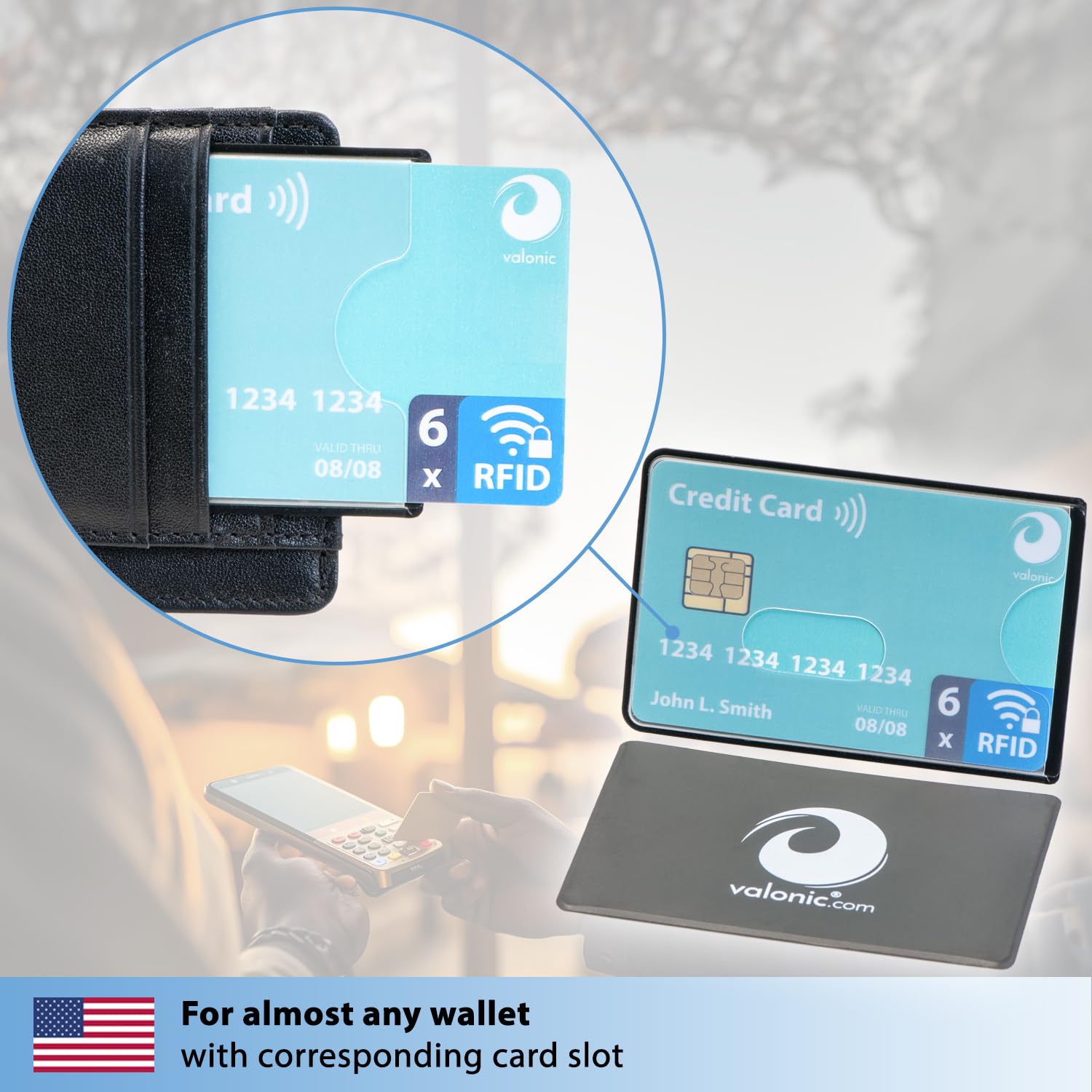 valonic Set of 6 RFID Blocking Sleeves - Transparent Front, Credit Card Protector Sleeve for Wallet - Protection Block for Debit Card, Passport and Metro Card