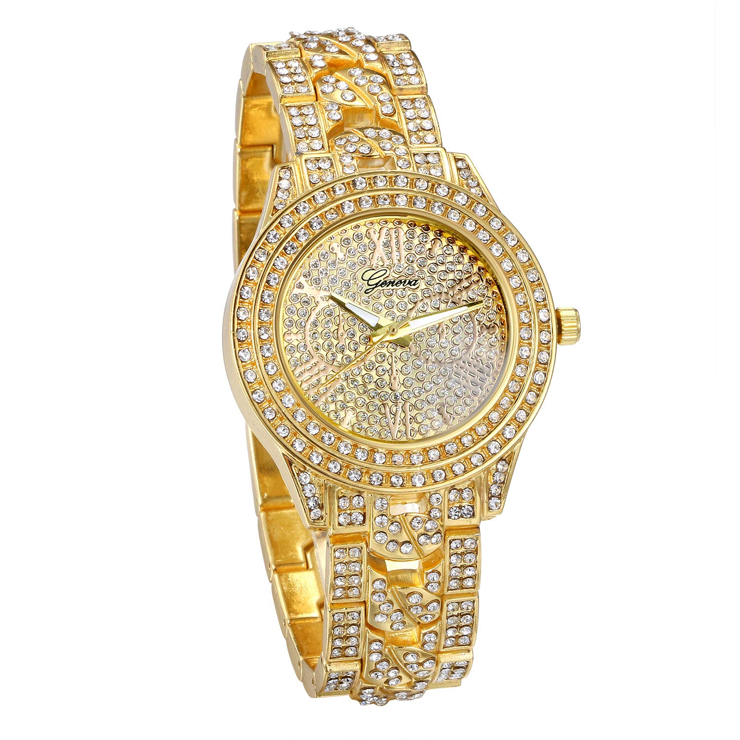 JewelryWe Men Women Watches Gold Tone Alloy Quartz Watch Stylish Rhinestone Business Casual Dress Wristwatches