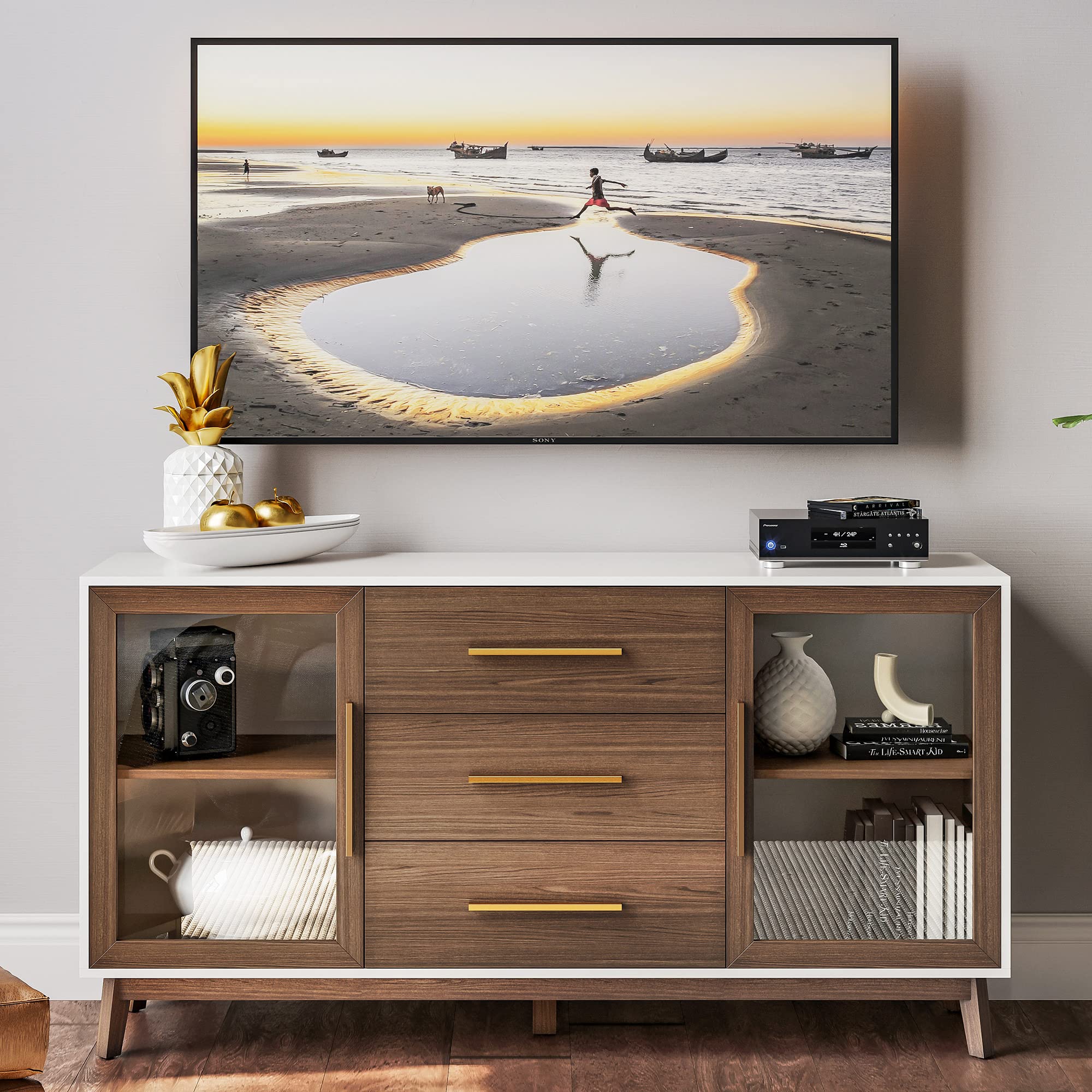BELLEZE Sideboard Buffet Cabinet with 3 Drawers & 2 Doors, Console Table for Kitchen Glass Storage Cabinet Coffee Bar Accent Cabinet for Living Room Dining Room Hallway, Brown