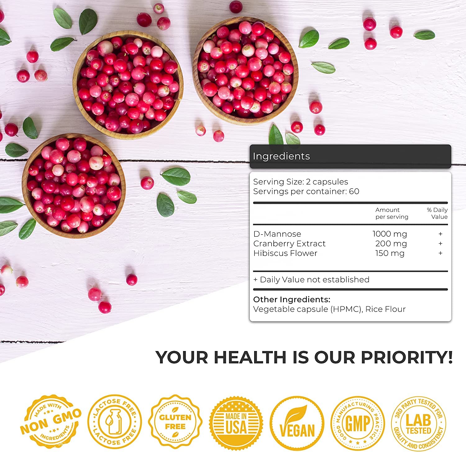 Nutrica Life Urinary Tract Infection Treatments D Mannose 1000mg Capsules - D-Mannose & Cranberry Pills with Hibiscus Extract - Strength Urinary Tract Health