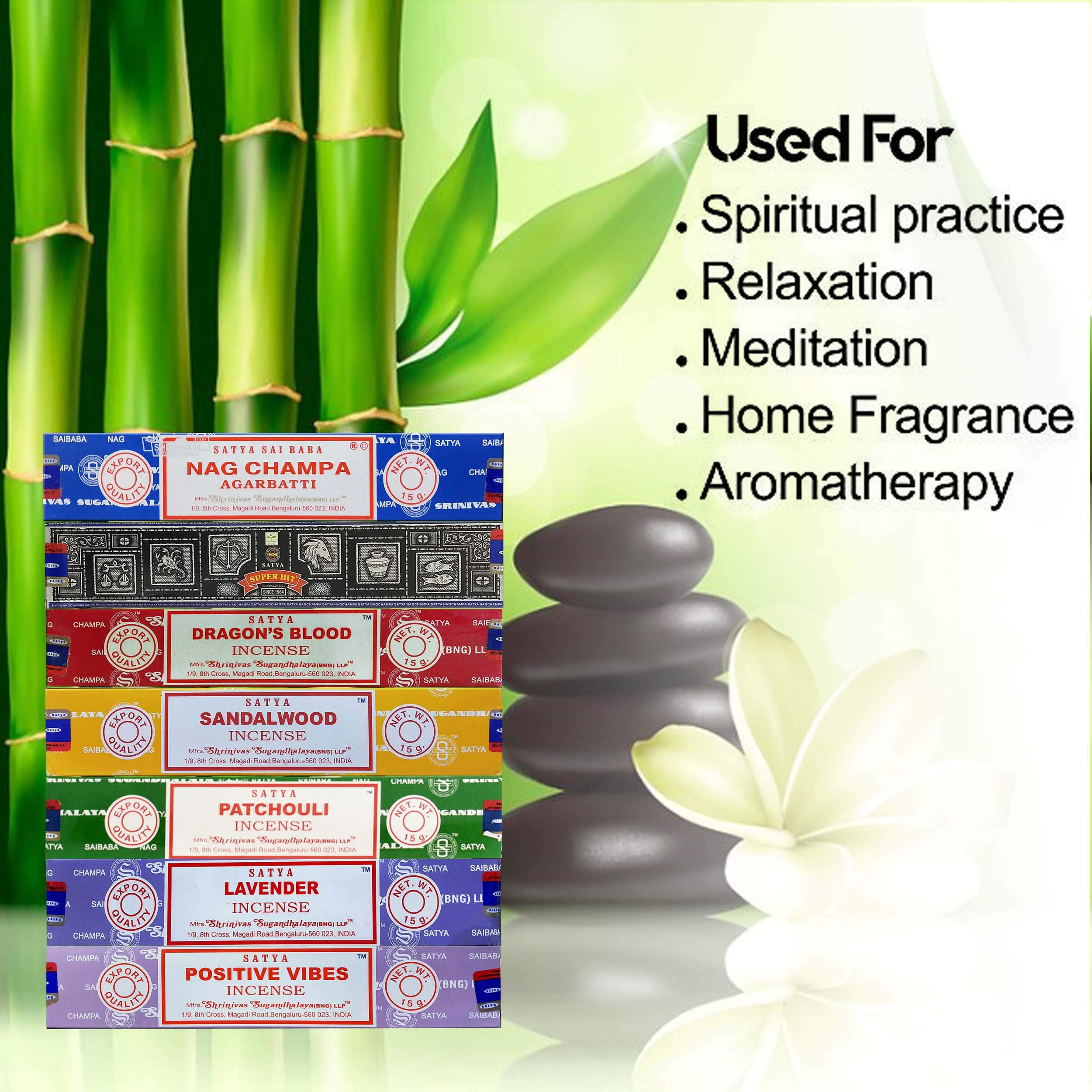 Satya Incense Gift Set Nag Champa, Super hit, Dragon's Blood, Sandalwood, Patchouli, Lavender, Positive Vibes, 15 g