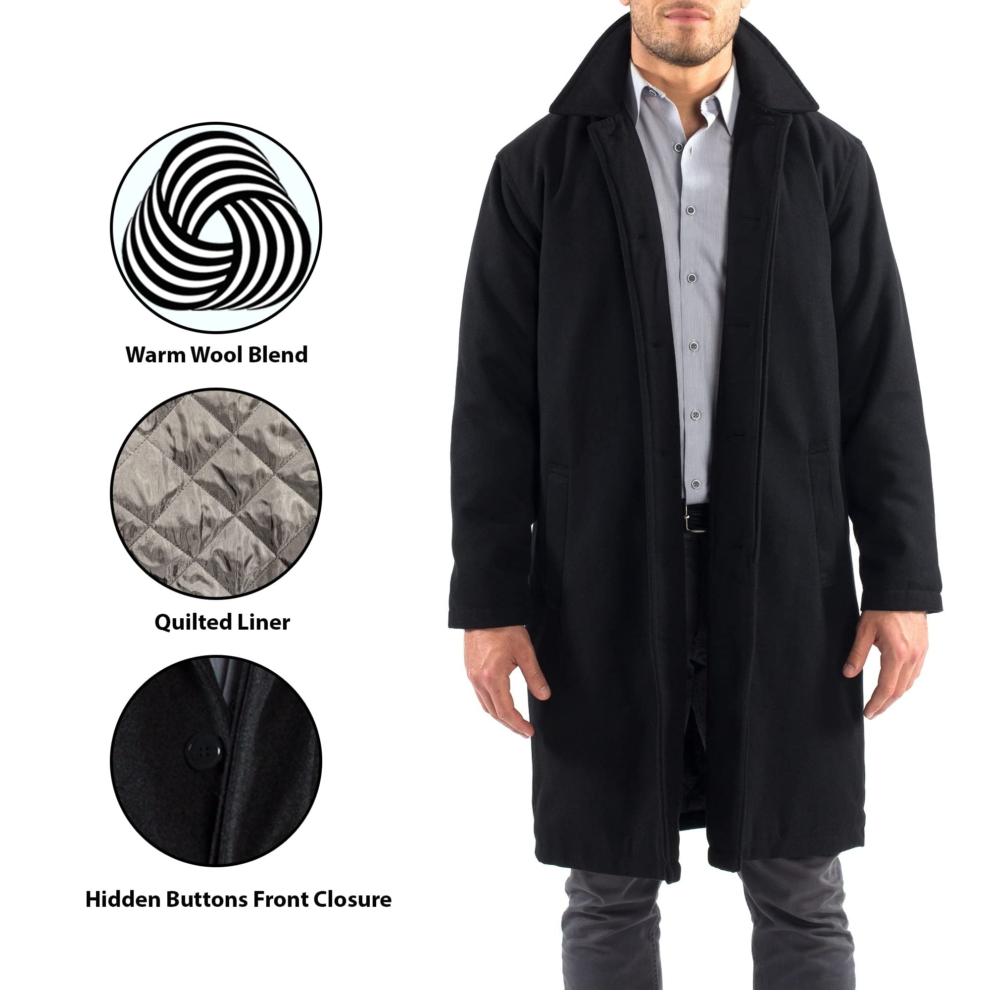 Alpine Swiss Zach Men’s Wool Blend Overcoat – Knee-Length Trench Coat, Runs Large for Layering Over Suits or Sweaters Black Large