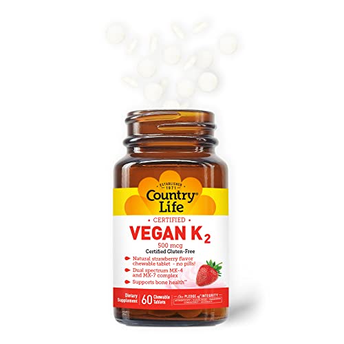 Country Life Certified Vegan K2 500 mcg - 60 Chewables - Strawberry Flavor - Dual Spectrum MK-4 and MK-7 Complex