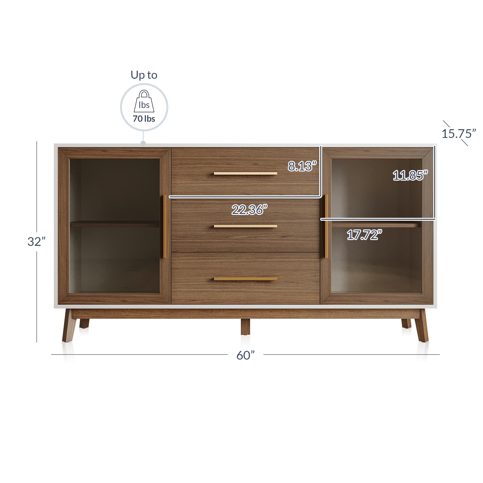 BELLEZE Sideboard Buffet Cabinet with 3 Drawers & 2 Doors, Console Table for Kitchen Glass Storage Cabinet Coffee Bar Accent Cabinet for Living Room Dining Room Hallway, Brown