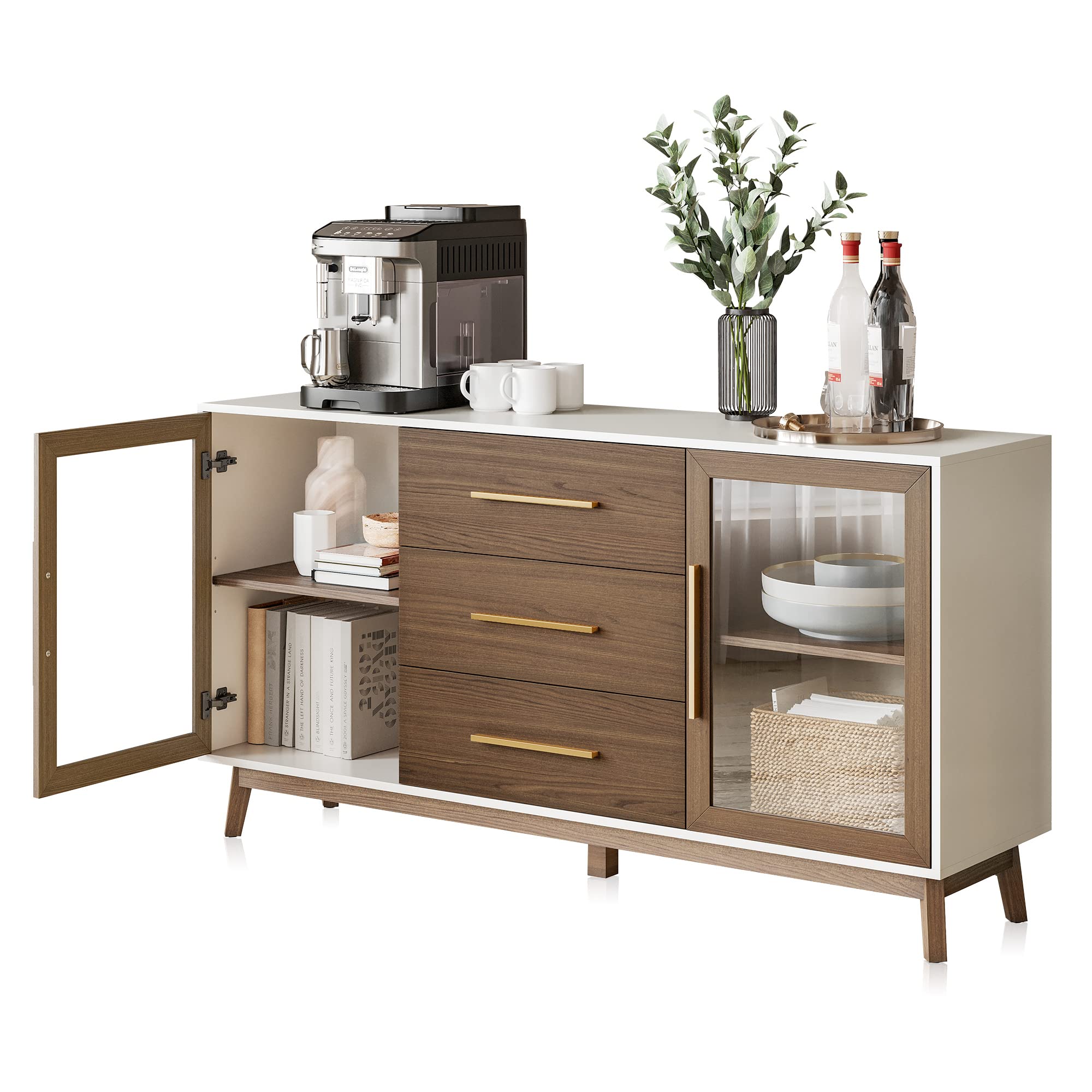 BELLEZE Sideboard Buffet Cabinet with 3 Drawers & 2 Doors, Console Table for Kitchen Glass Storage Cabinet Coffee Bar Accent Cabinet for Living Room Dining Room Hallway, Brown