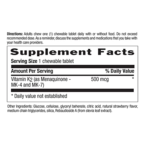 Country Life Certified Vegan K2 500 mcg - 60 Chewables - Strawberry Flavor - Dual Spectrum MK-4 and MK-7 Complex