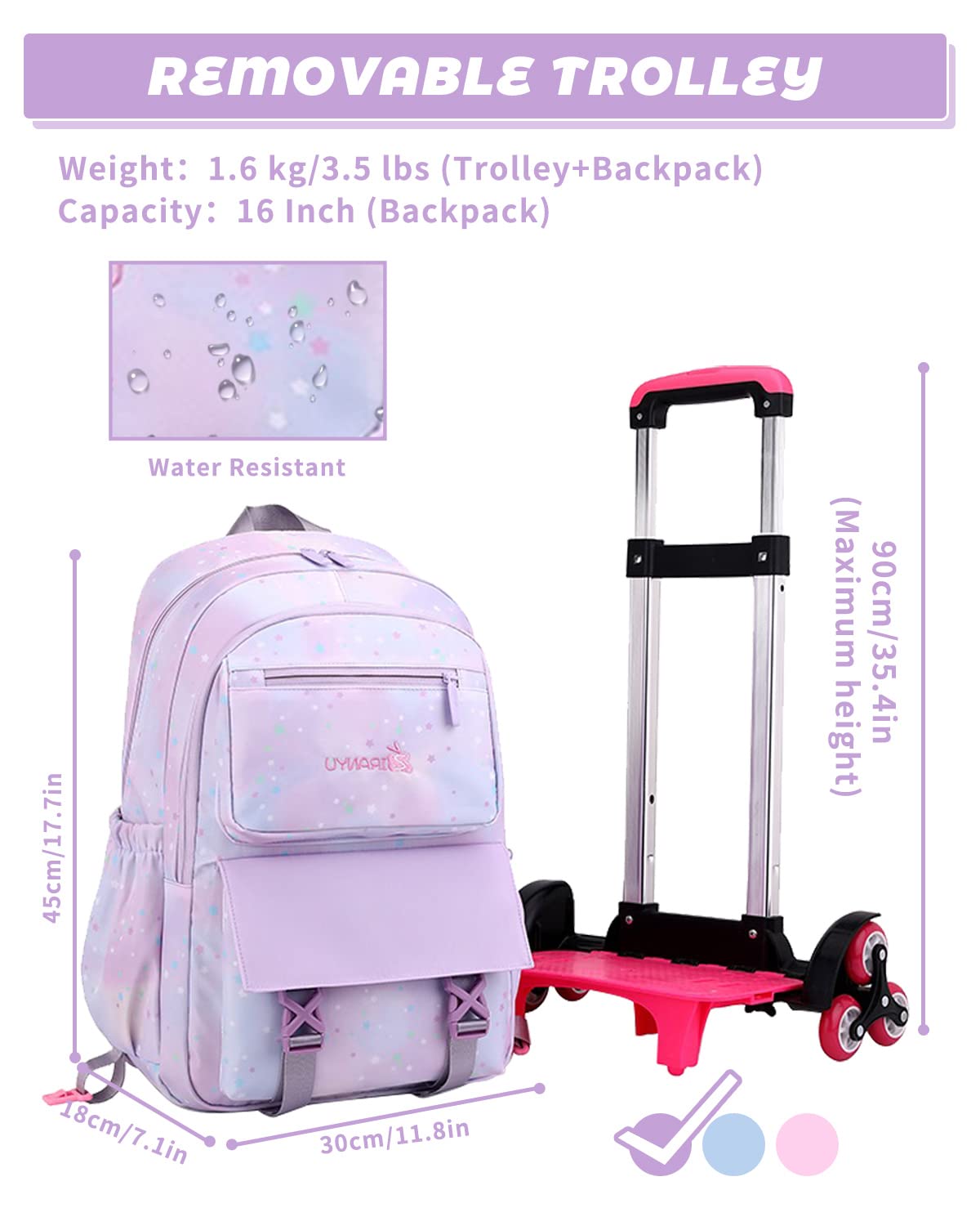 Tanou Rolling Backpack, Lightweight Backpacks with Wheels for Girls, 2023 Kids Roller Bookbags for School Travel, 16 Inch, Purple Star