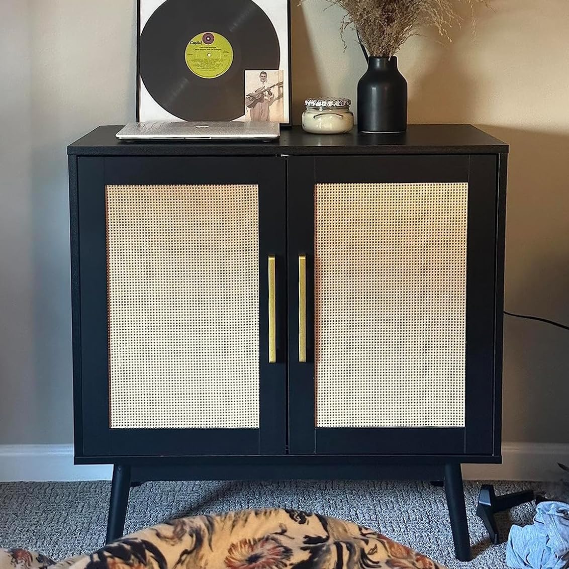 LYNSOM Rattan Storage Cabinet with Doors and Shelves, Natural Rattan Sideboard and Buffet with Storage, Free Standing Accent Cabinet for Entryway, Living Room, Office, Black