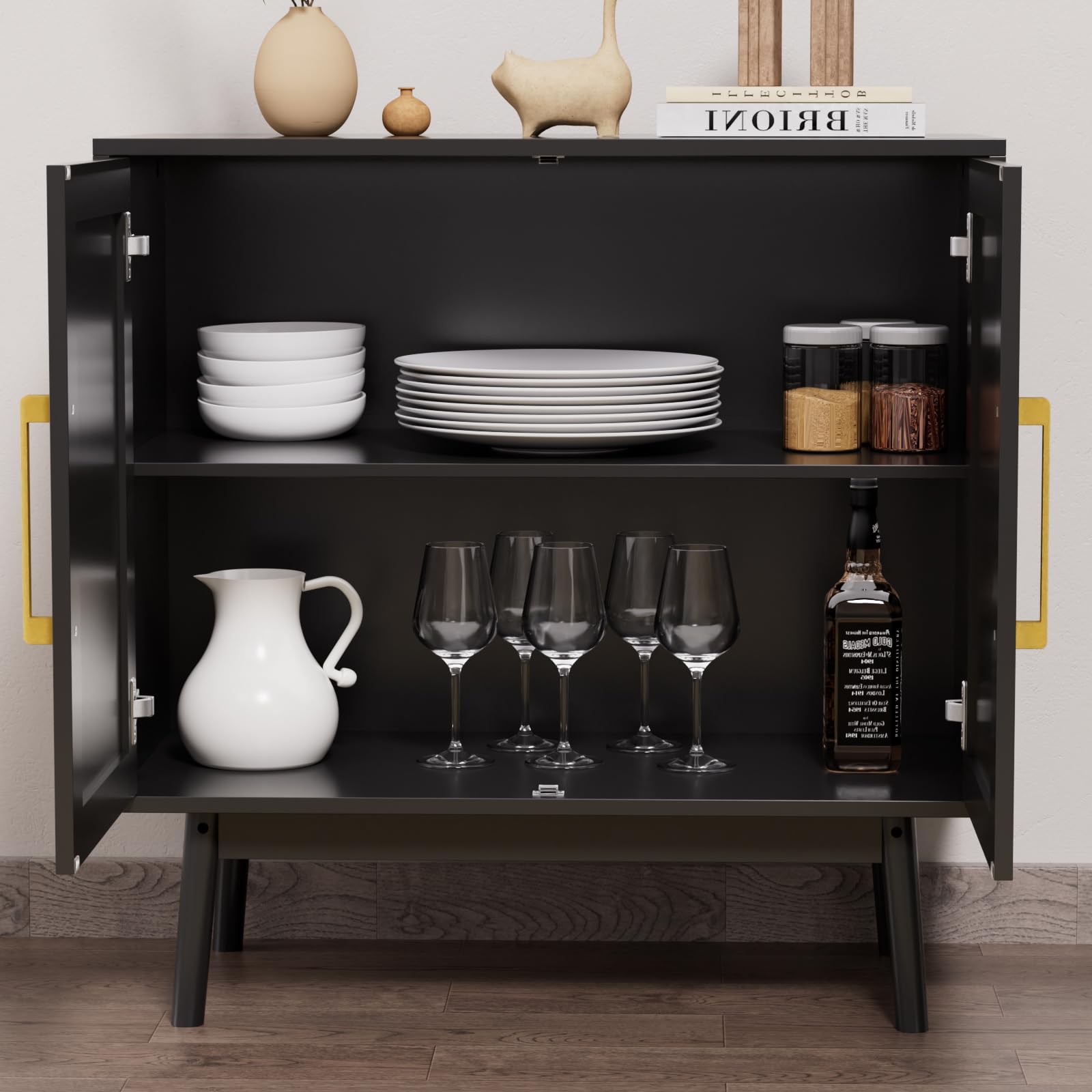 LYNSOM Rattan Storage Cabinet with Doors and Shelves, Natural Rattan Sideboard and Buffet with Storage, Free Standing Accent Cabinet for Entryway, Living Room, Office, Black
