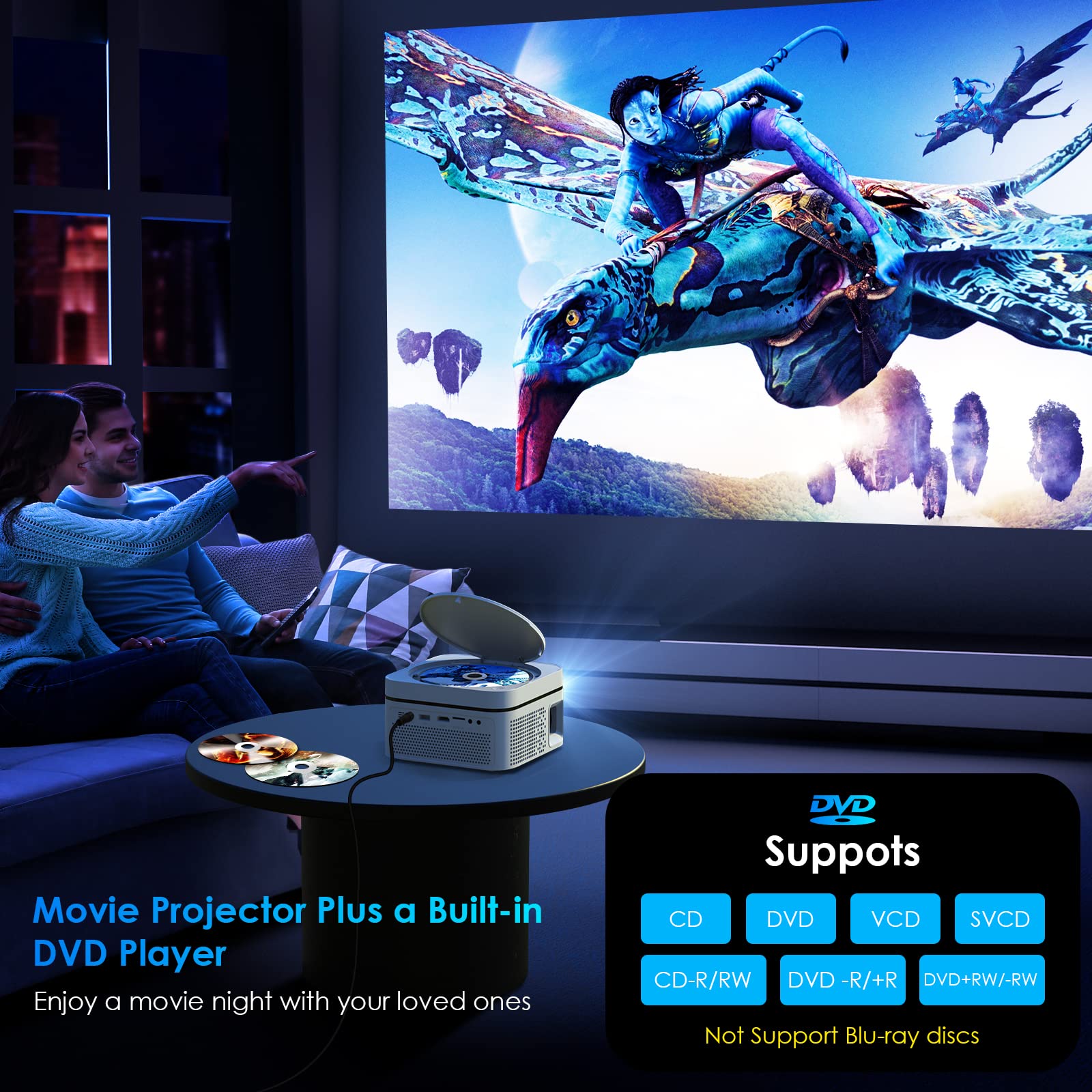 5G WiFi Projector Built in DVD Player with Bluetooth - OSQ Mini Portable DVD Projector 1080P Support, Outdoor Movie Projector with Carry Bag, Compatible with TV/HDMI/USB/iOS/Android