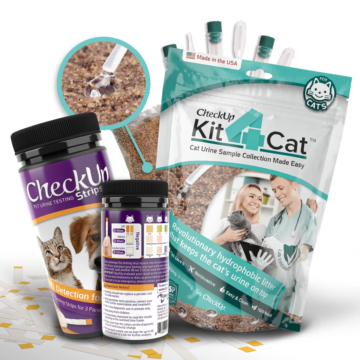 Kit4Cat Litter & Test UTI Bundle - Kit4Cat Hydrophobic Litter with CheckUp 3 Parameters UTI Testing Strips x 50