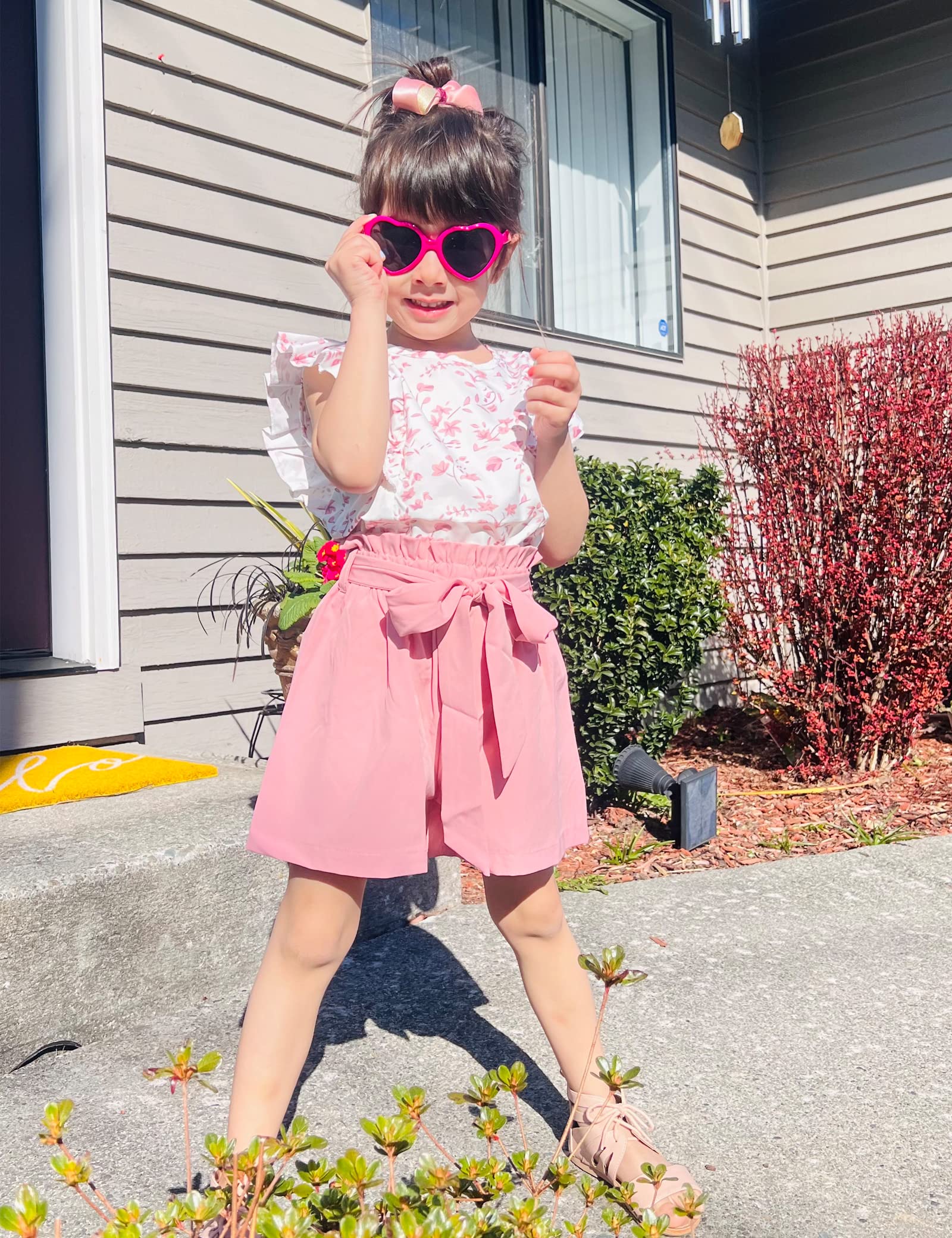 oklady Toddler Girl Clothes Ruffle Floral Embroidery Shirt and Shorts Set (Pink-A, 3-4 T)