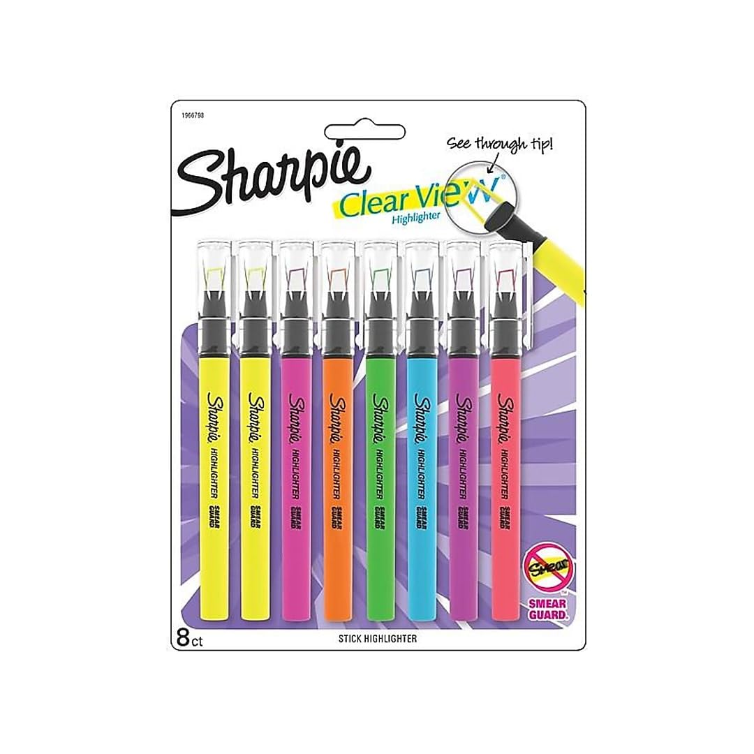 SHARPIE Highlighter, Clear View Highlighter with See-Through Chisel Tip, Stick Highlighter, Assorted, 8 Count