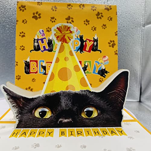 Crazytops Black Cat Birthday Card, 3D Birthday Card, Happy Birthday Pop Up Card with Envelope Postcards for Cat Lovers, Birthday Pop Up Card