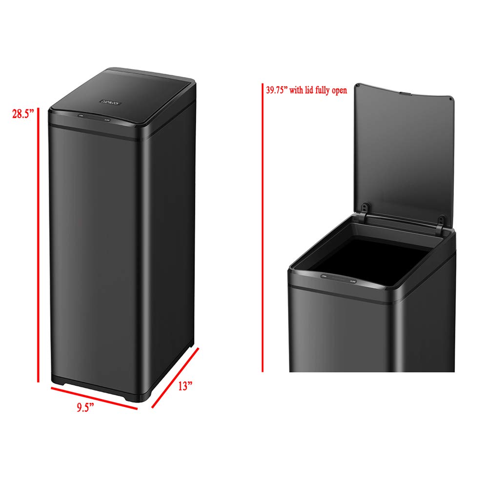 CozyBlock Automatic Trash Can for Kitchen, Black Steel Touchless Motion Sensor Bin, Wide Opening Soft Close Lid, LED Countdown Timer (13 Gallon- Slim Design)