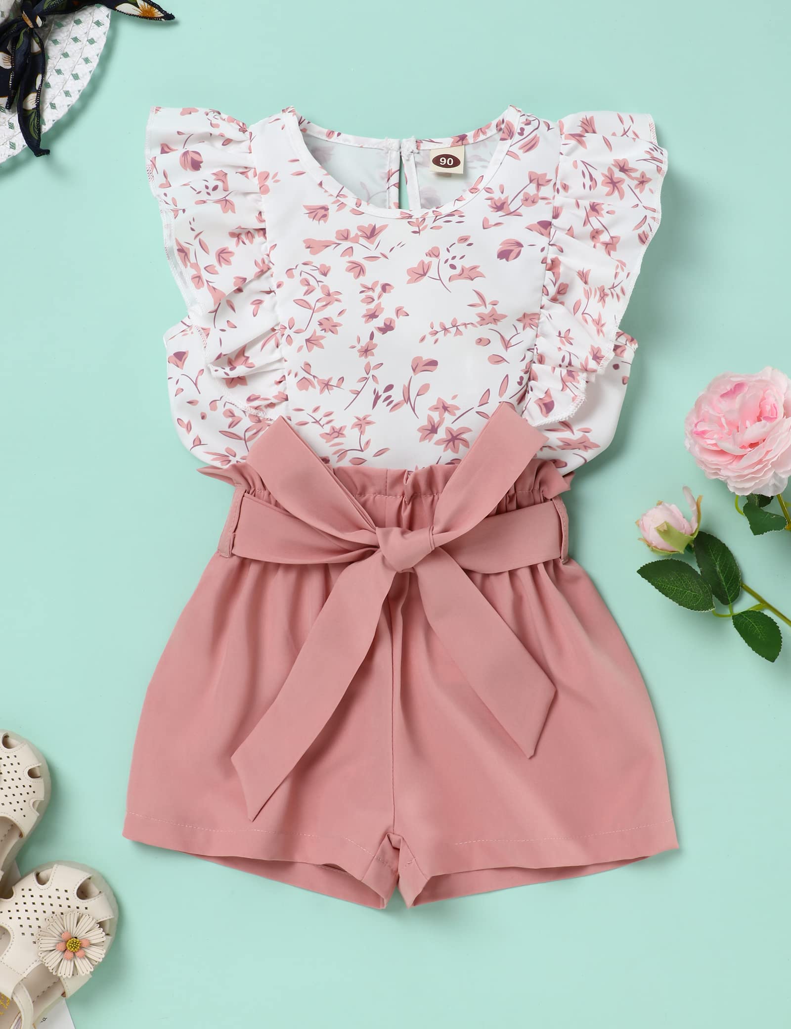 oklady Toddler Girl Clothes Ruffle Floral Embroidery Shirt and Shorts Set (Pink-A, 3-4 T)