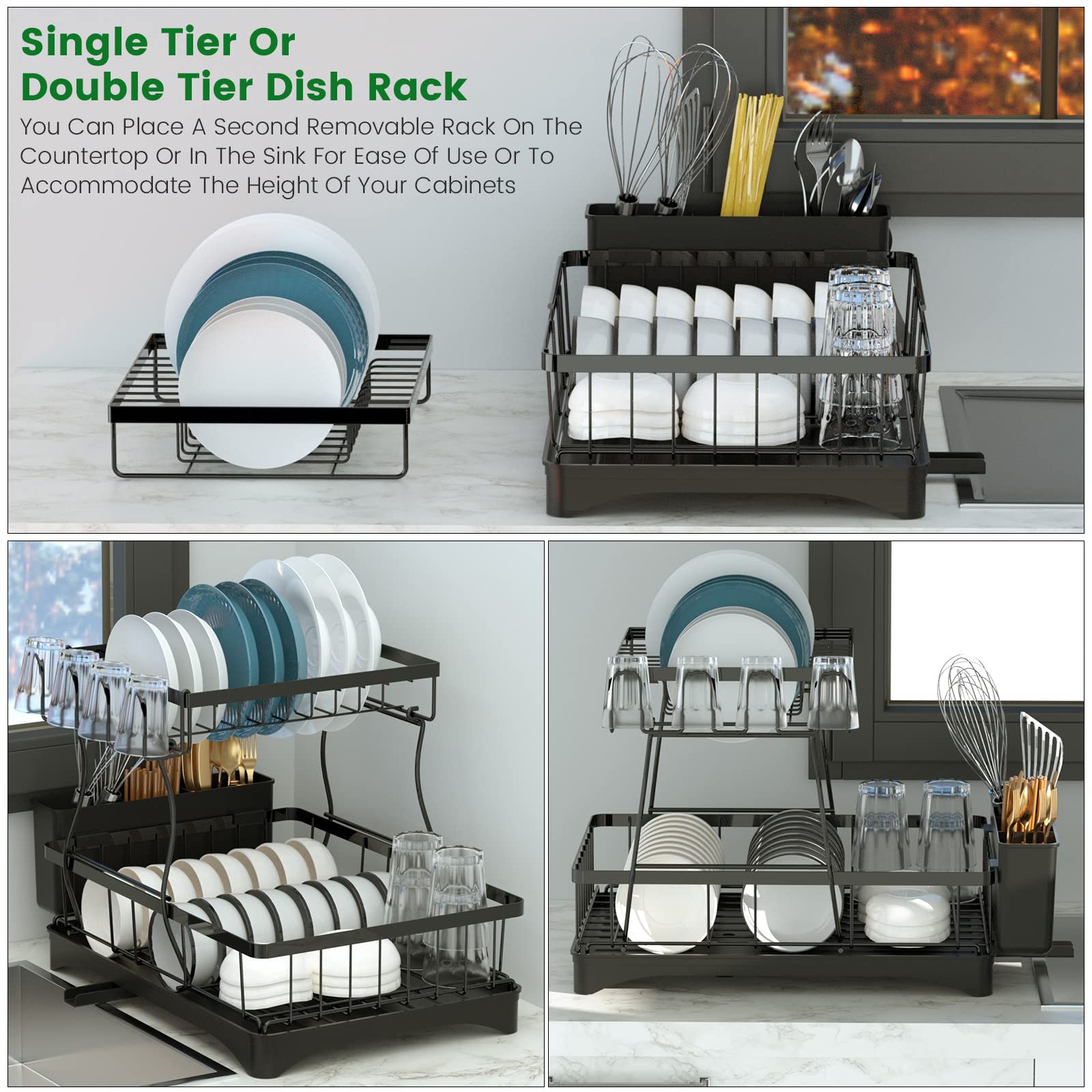 SPOWAY 2 Tier Dish Racks for Kitchen Counter,Dish Drying Rack with 360°Drainage,Dish Drainboard Set with Cutlery Holder and 4 Cup Holder,Dish drainers Over Sink Drying Rack On Counter