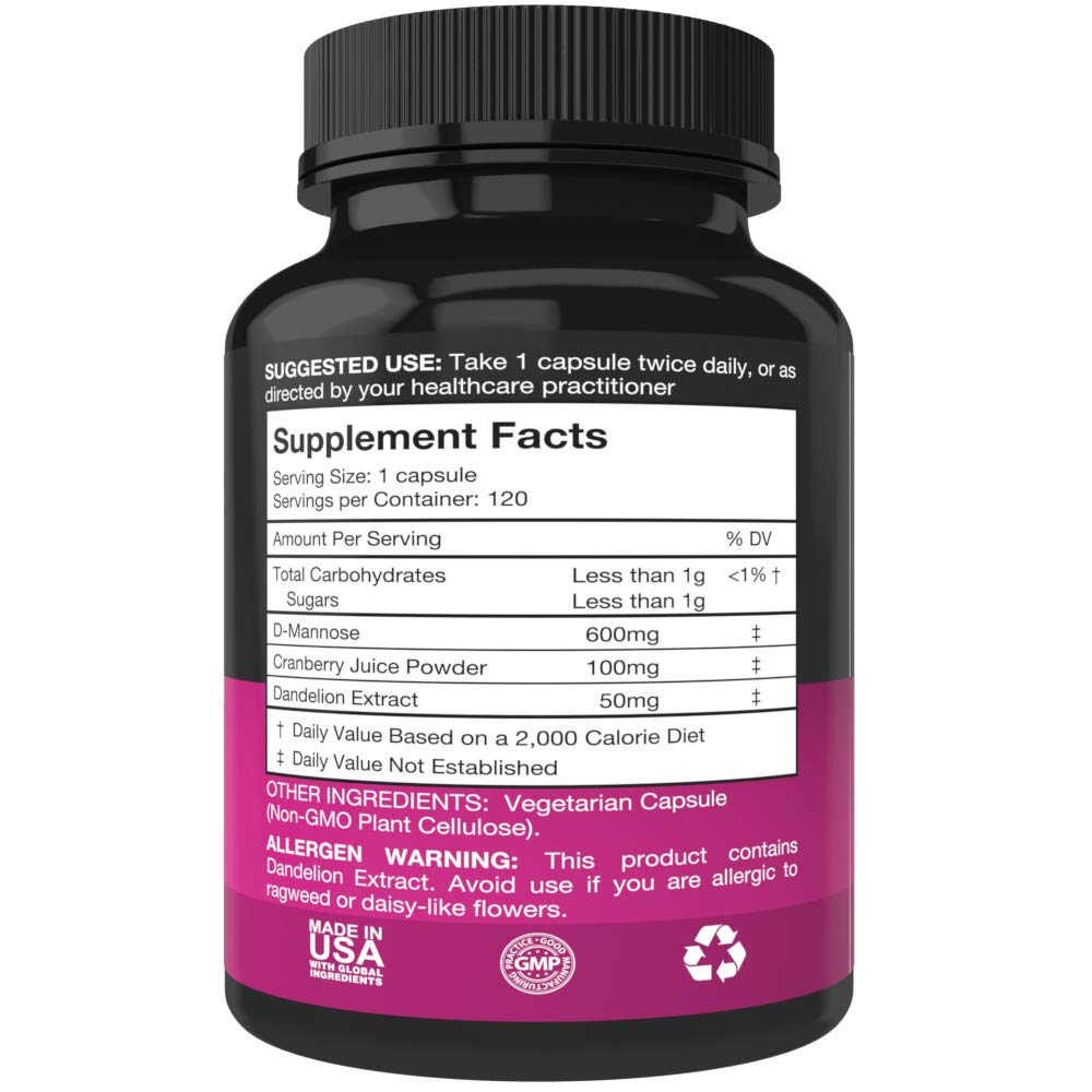 D Mannose Capsules with 600mg D-Mannose Powder Per Cap - with Added Cranberry and Dandelion Extract to Aid in Bladder, Urinary Tract and UTI Support - 120 Veggie Caps