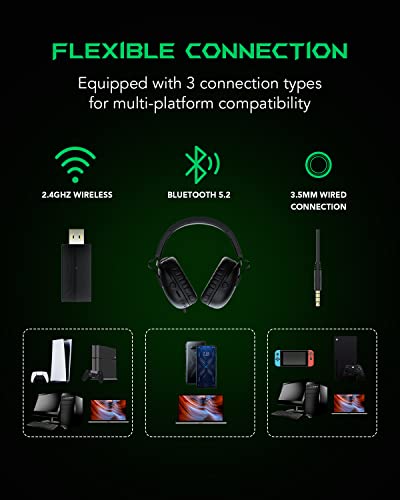 Black Shark 2.4Ghz Wireless Gaming Headset for PC PS4 PS5 Laptops,Over-Ear Bluetooth 5.2 Gaming Headphones with Detachable Ultra-Clear Microphone,60 Hours Playtime, 3.5mm Wired Mode for Xbox Series