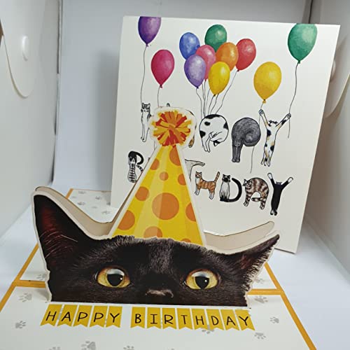 Crazytops Black Cat Birthday Card, 3D Birthday Card, Happy Birthday Pop Up Card with Envelope Postcards for Cat Lovers, Birthday Pop Up Card