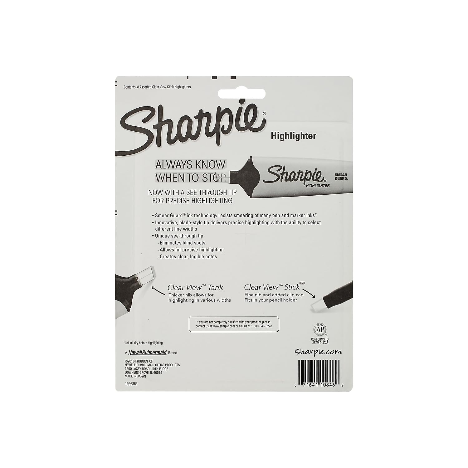 SHARPIE Highlighter, Clear View Highlighter with See-Through Chisel Tip, Stick Highlighter, Assorted, 8 Count