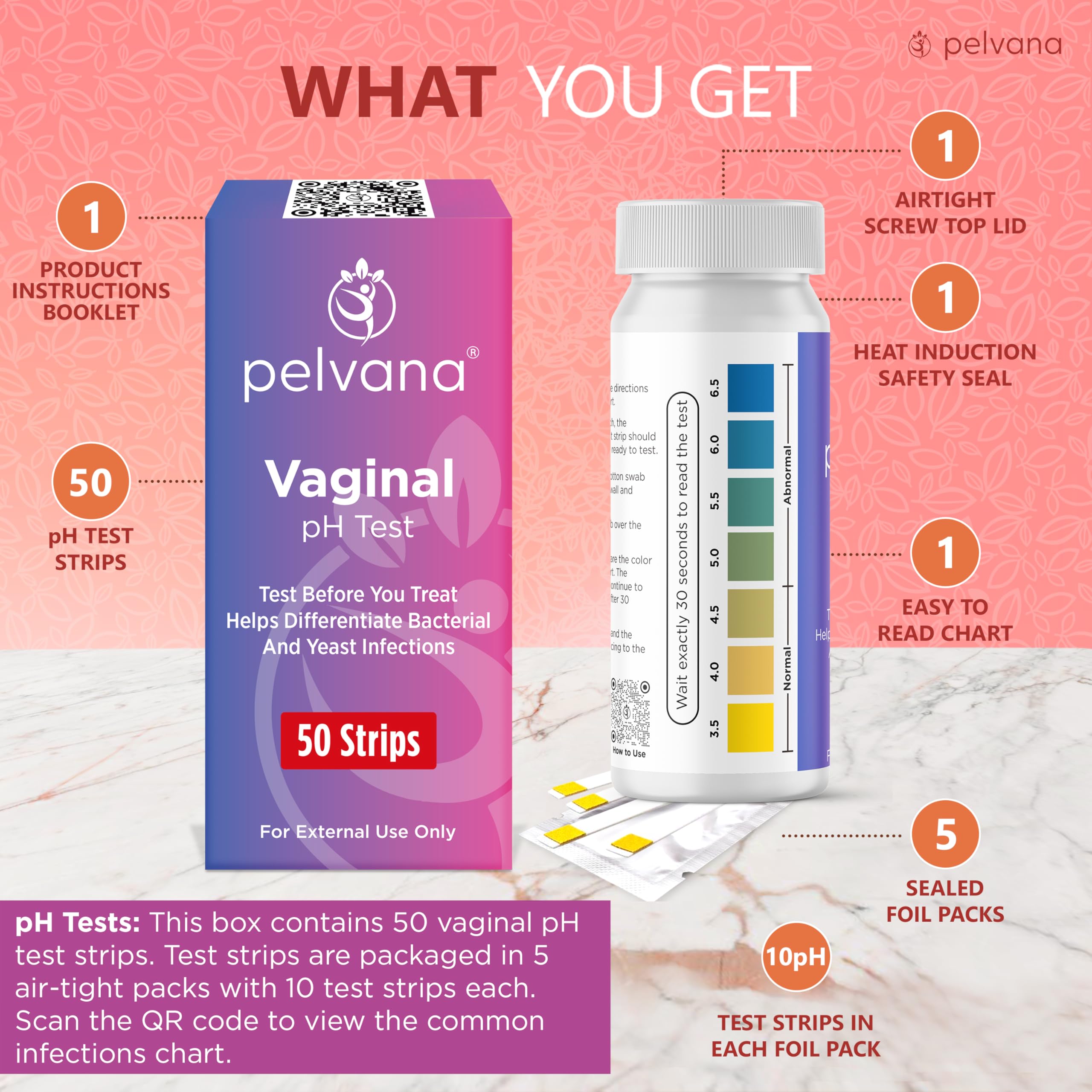 Pelvana Vaginal pH Balance Test Strips for Women 50 Strips FSA/HSA Eligible Vaginal Infection Test Kit Can Help Differentiate Bacterial Vaginosis (BV) and Yeast Infections