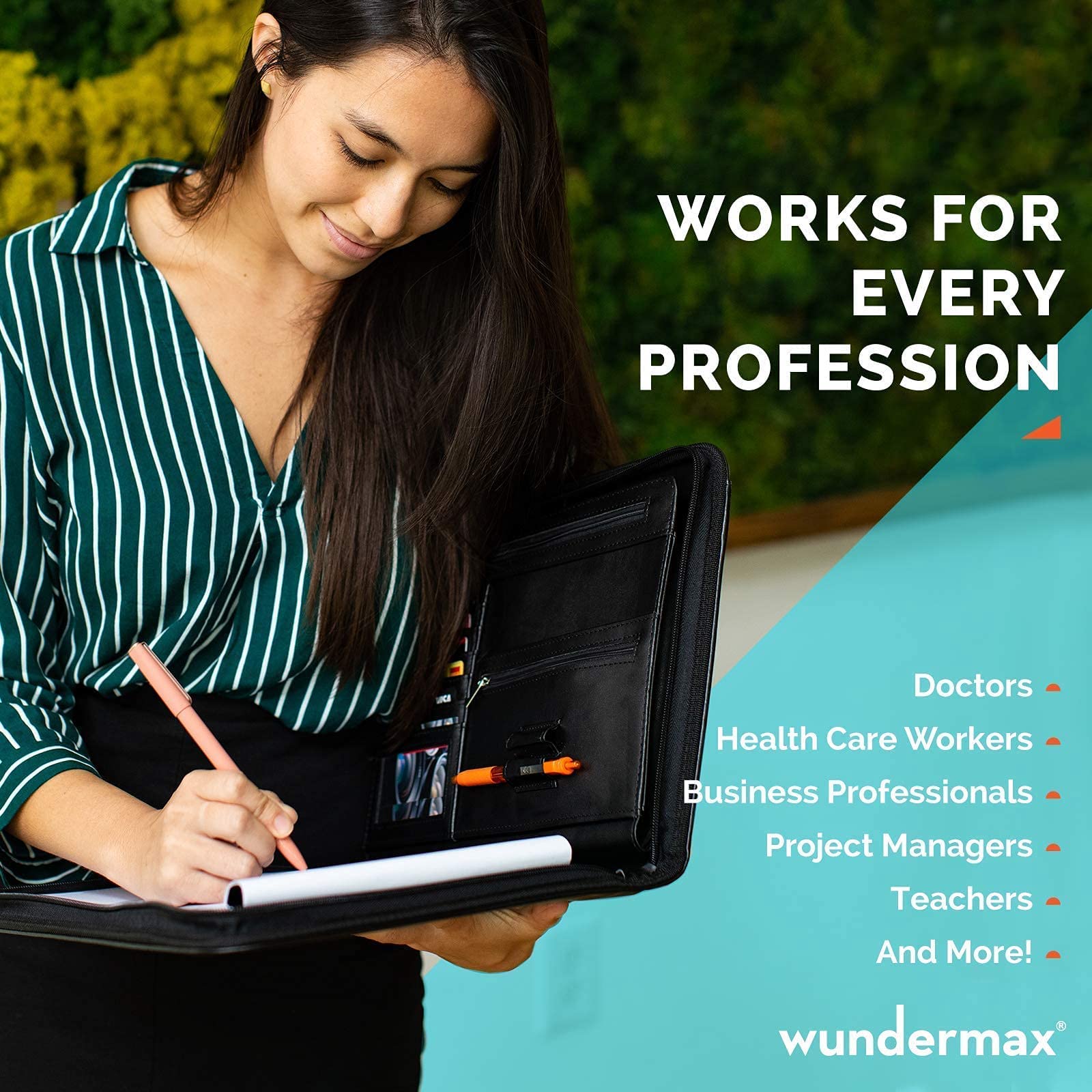 Wundermax Portfolio Binder - 13 x 10.7 x 1.9 Inch, Vegan Leather, 3-Ring Padfolio for Women and Men w/Handle, Zipper, Notepad, Detachable Binder and Pockets for Tablet, Resume and Documents - Black