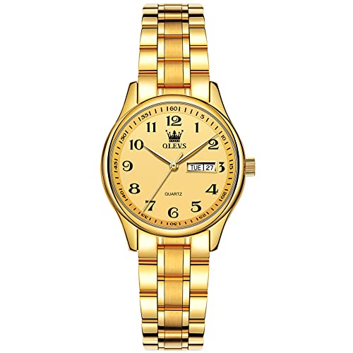 OLEVS Women's Gold Watches Small Wrist Quartz Watches for Women Yellow Gold Face Stainless Steel Bracelet Big Arabic Numerals Women Watches with Day and Date Casual Watches for Women Relojes De Mujer