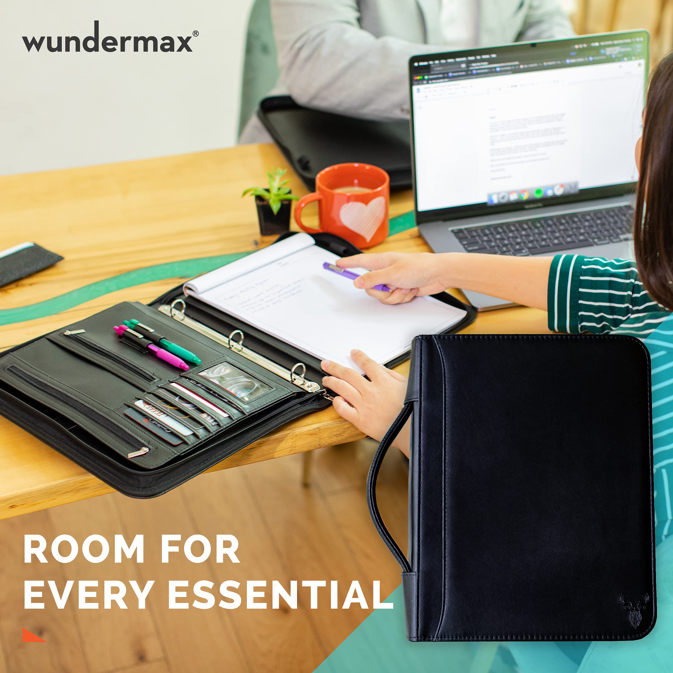 Wundermax Portfolio Binder - 13 x 10.7 x 1.9 Inch, Vegan Leather, 3-Ring Padfolio for Women and Men w/Handle, Zipper, Notepad, Detachable Binder and Pockets for Tablet, Resume and Documents - Black
