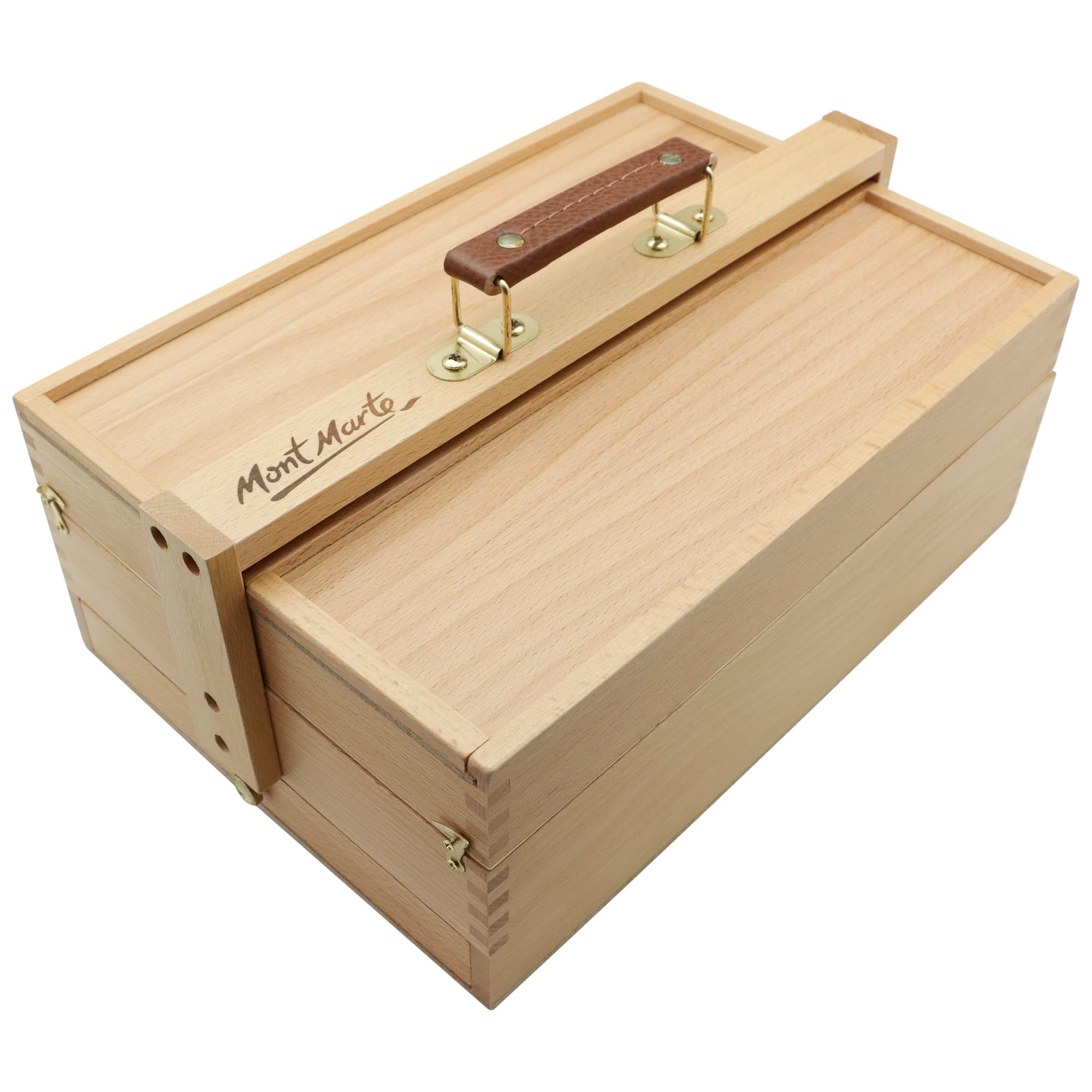 Mont Marte Multi-Purpose Wooden Art Box. 3 Layers of Storage for Organizing Art Supplies. Features a Leather Carry Handle for Easy Transport