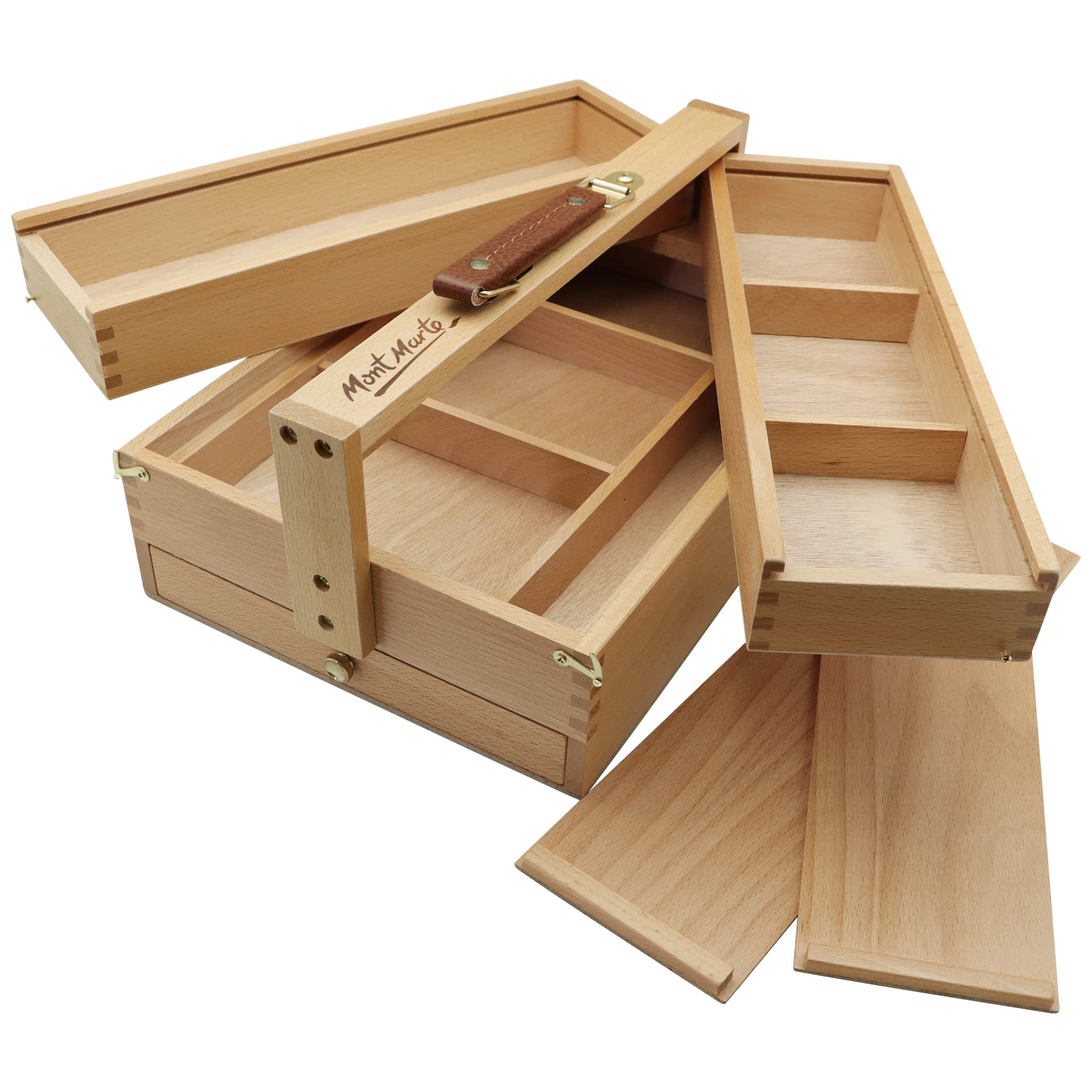 Mont Marte Multi-Purpose Wooden Art Box. 3 Layers of Storage for Organizing Art Supplies. Features a Leather Carry Handle for Easy Transport