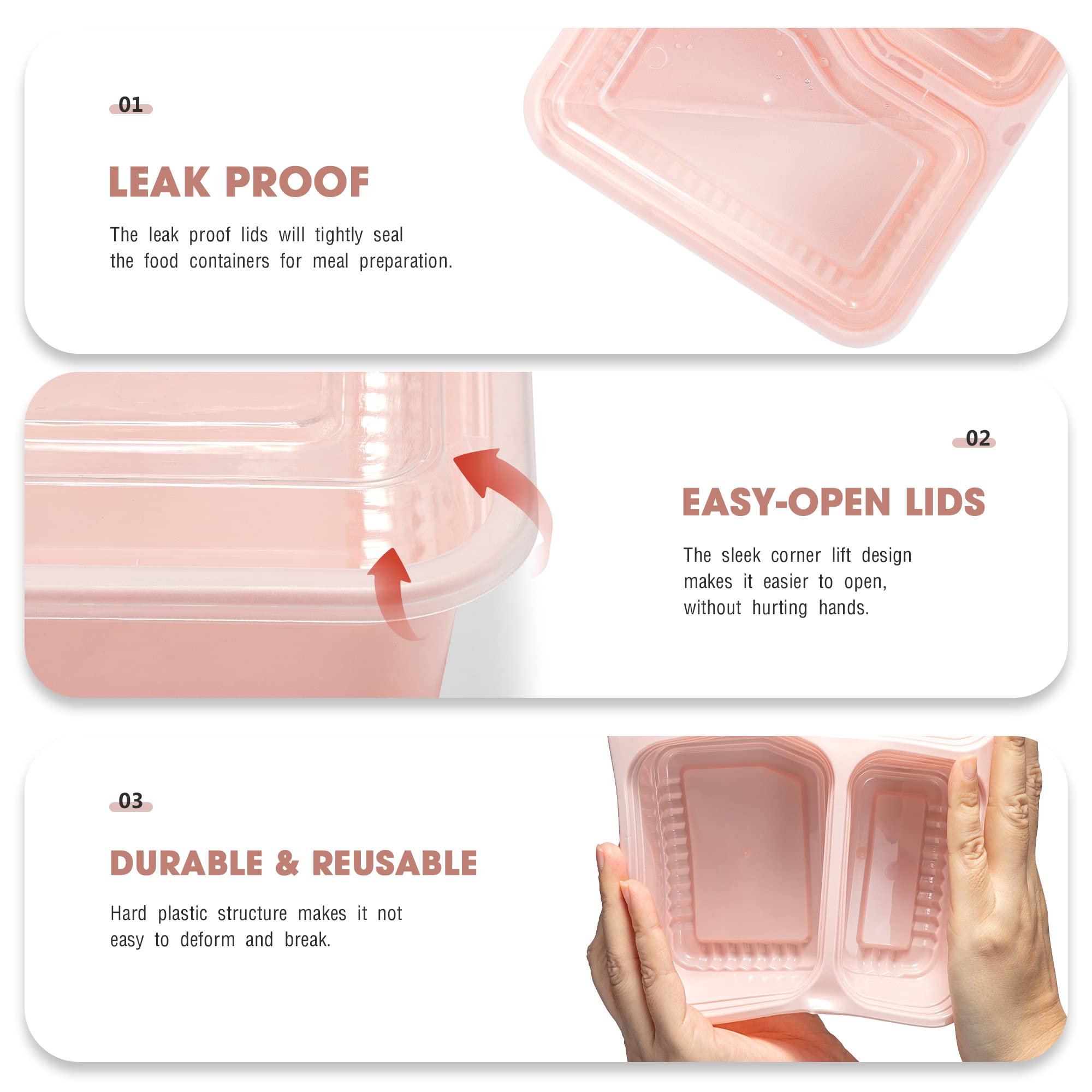 Glotoch Express Meal Prep Container 3 Compartment, 15 Packs 34 oz To Go Containers, Plastic Containers With Lids For Storage-Microwave&Freezer&Dishwasher Safe, Eco-Friendly, BPA-Free&Stackable, Pink
